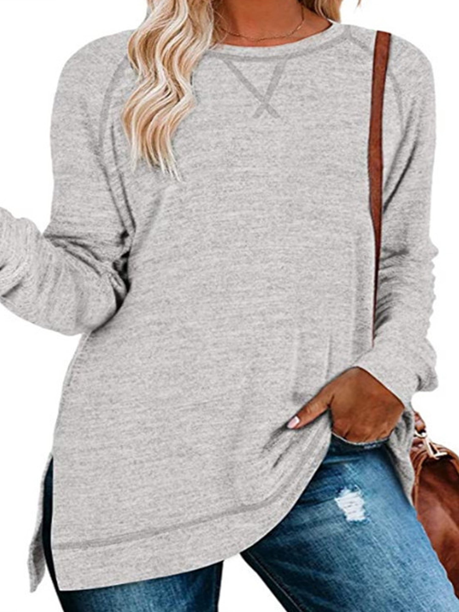 TEMOFON Womens plus size tops long sleeve tunic Side Split Pullover ...