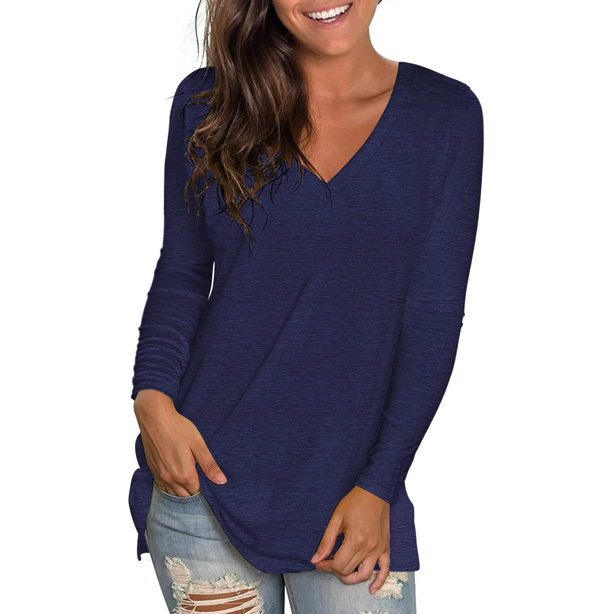 TEMOFON Womens tunic top Long Sleeve fall v neck Shirt Going Out Plain ...