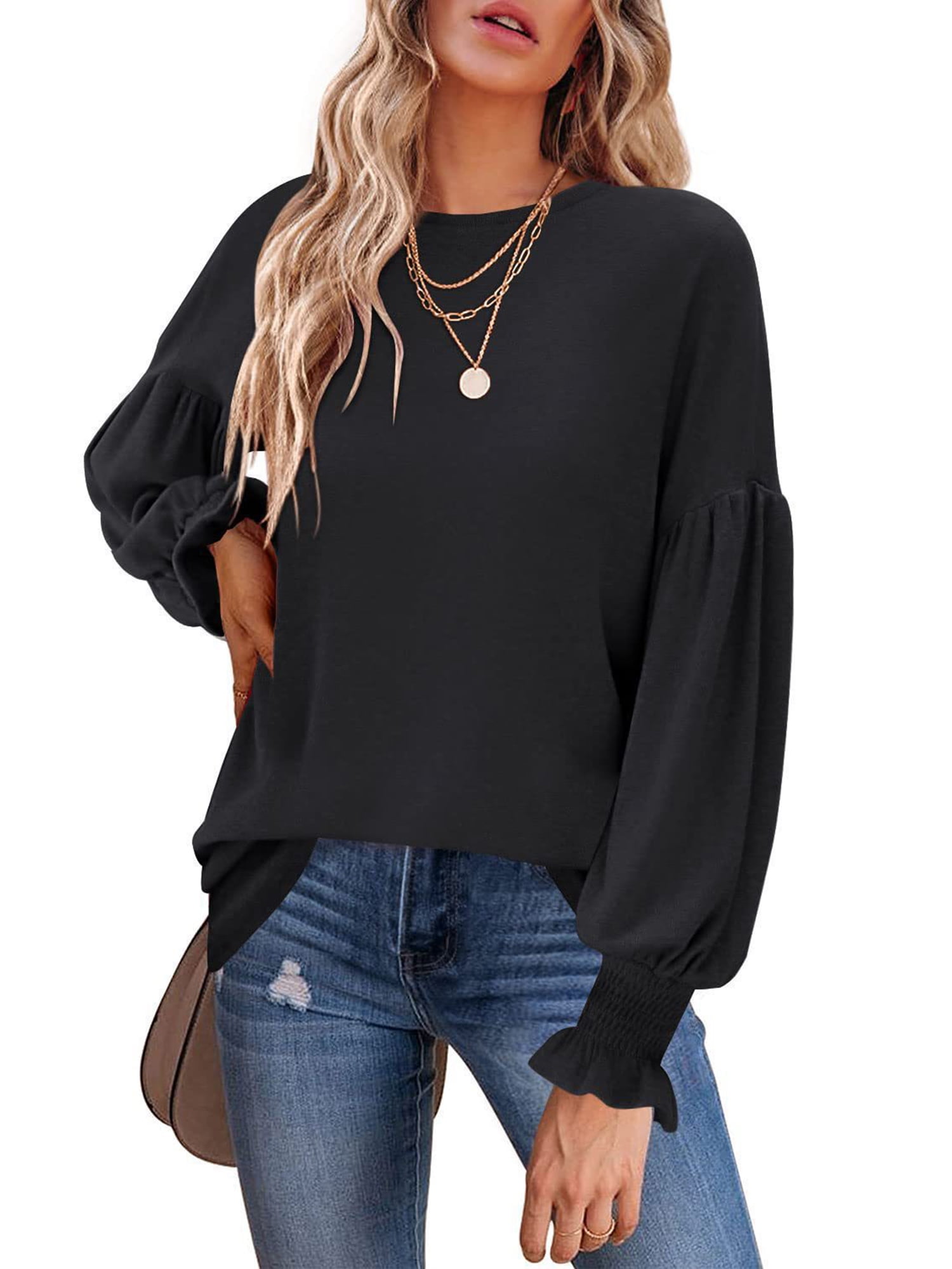 TEMOFON Womens Tops Long Sleeve blouse sweatershirts Crew Neck Ruffle ...
