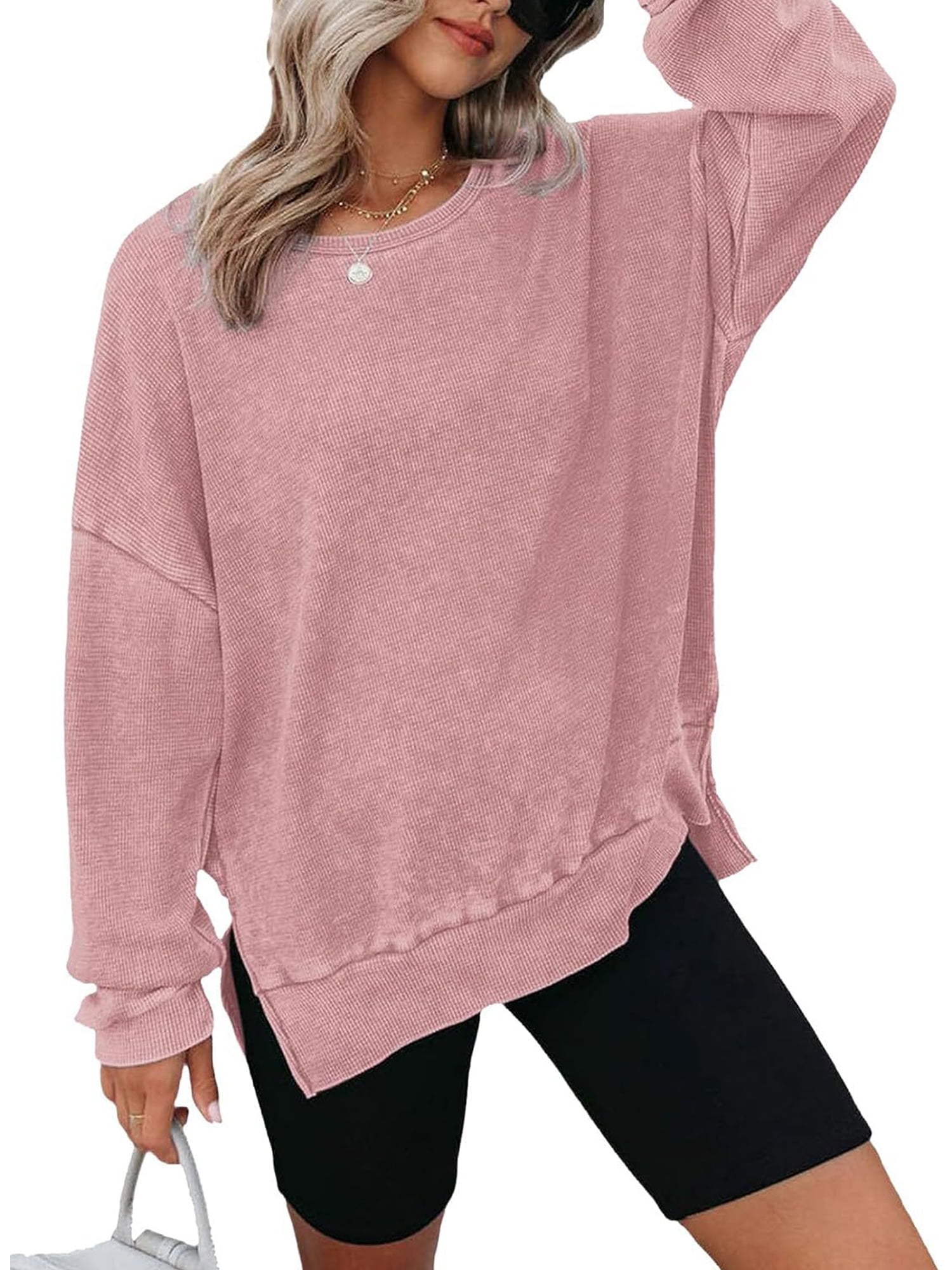 TEMOFON Womens Tops Long Sleeve Blouse Oversized Waffle Knit Crew Neck ...
