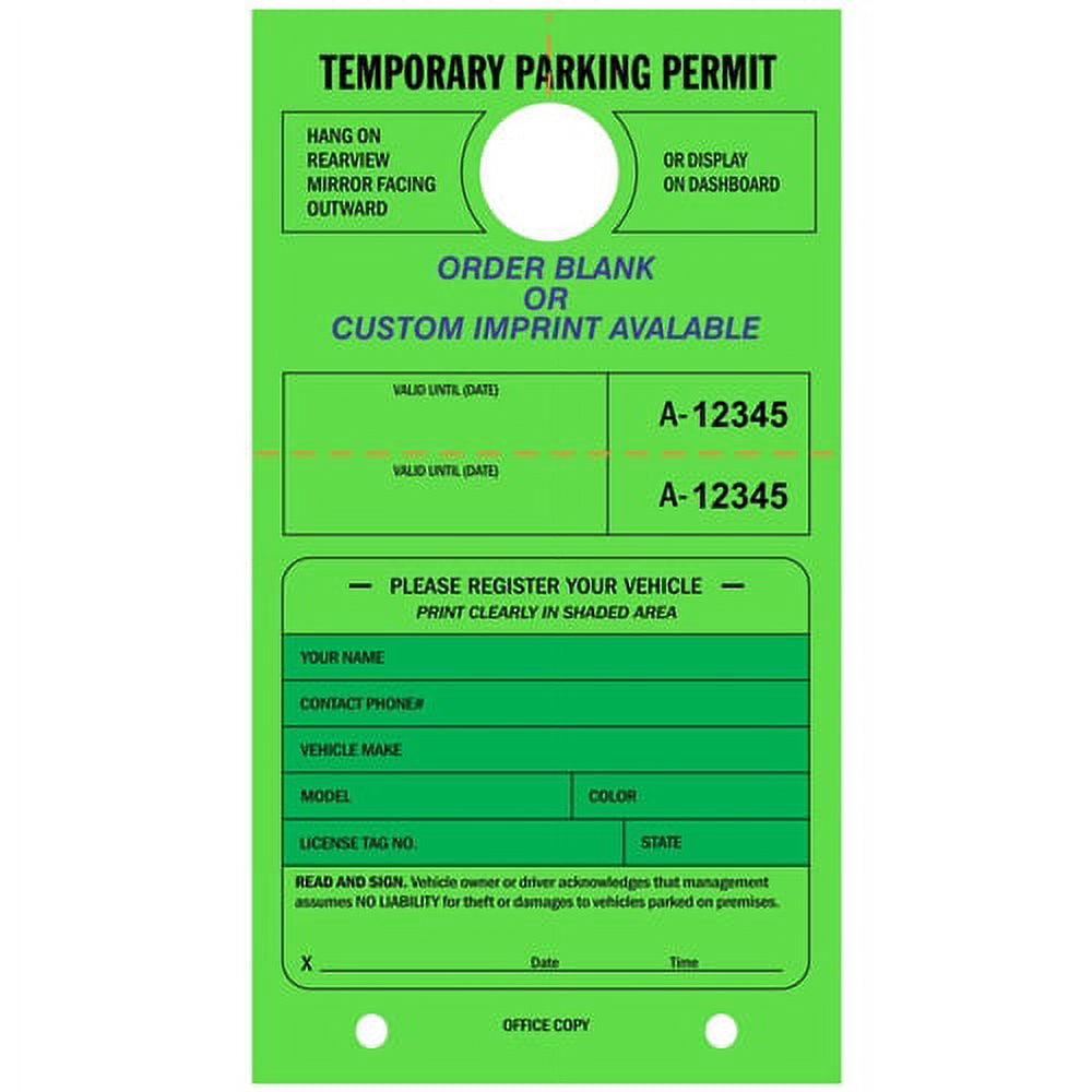 TEMPORARY PARKING PERMIT - Mirror Hang Tags, Numbered with Tear-off ...