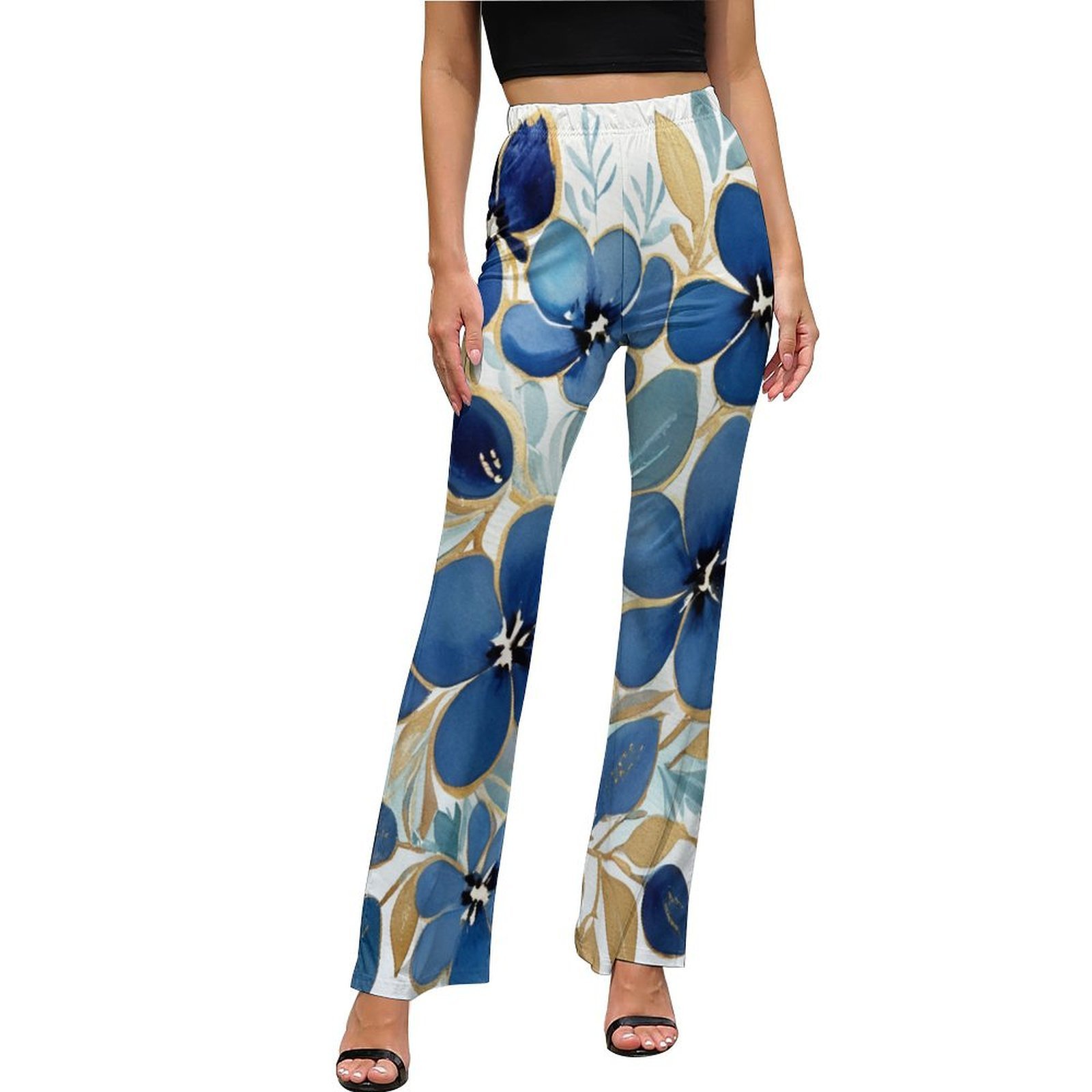 TEMU Blue Floral Print High Waisted Casual Flared Trousers Summer Home ...