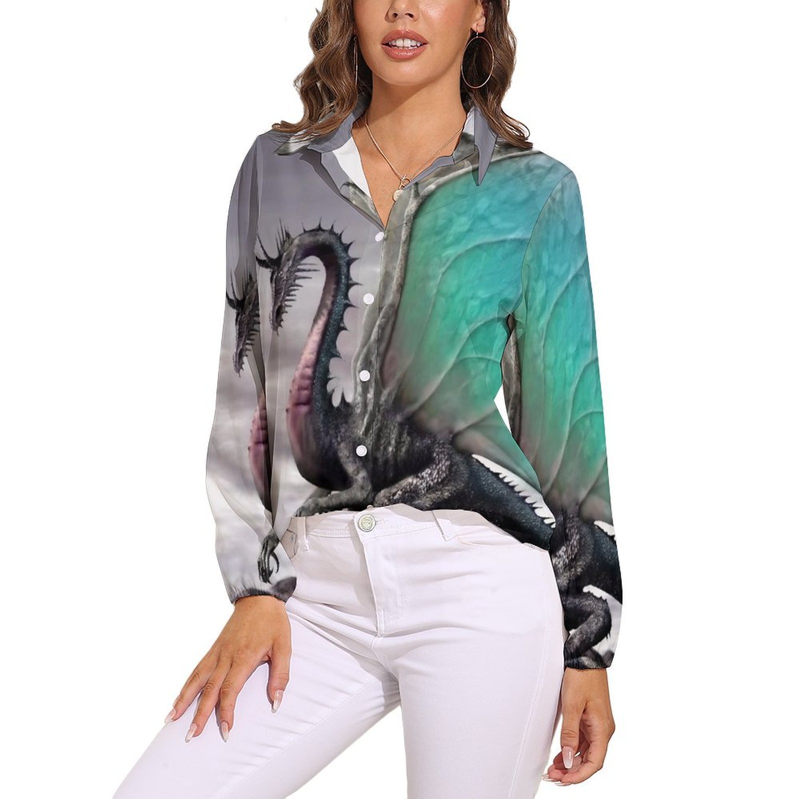 TEMU Mythic Dragon Wings Vntage Casual Long Sleeve Shirt Blouse Woman ...