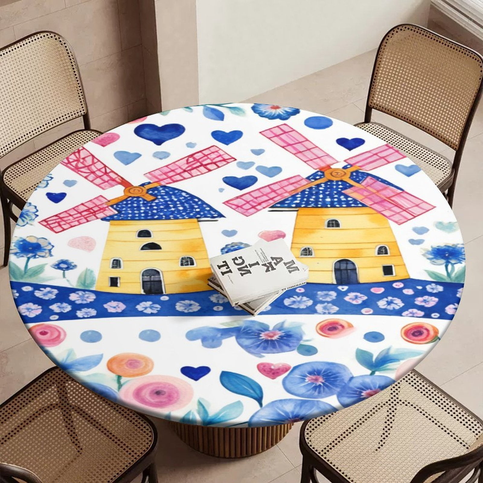 TEMU Windmill Bicycle Floral Pattern Round Table Cover Kitchen Printed ...