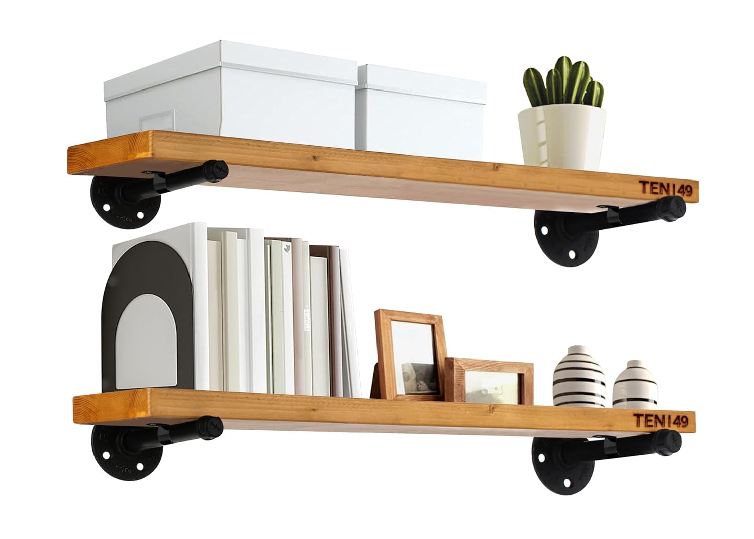 TEN49 Industrial Pipe Wood Wall Shelf - 24" Real Wooden Shelving w ...