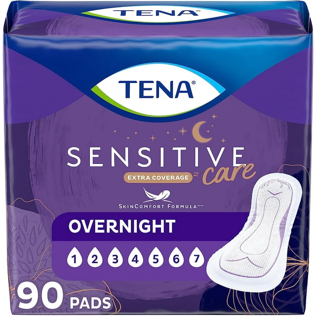 TENA Sensitive Care Extra Coverage Overnight Incontinence Pads for Women, Postpartum Use, 90 ...