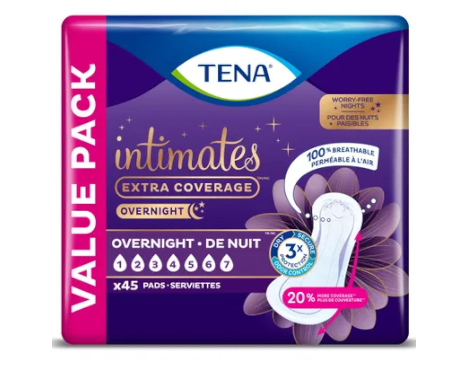 TENA Sensitive Care Overnight Pads, Extra Coverage, 3x Moisture and Odor Protection, 45 ct ...