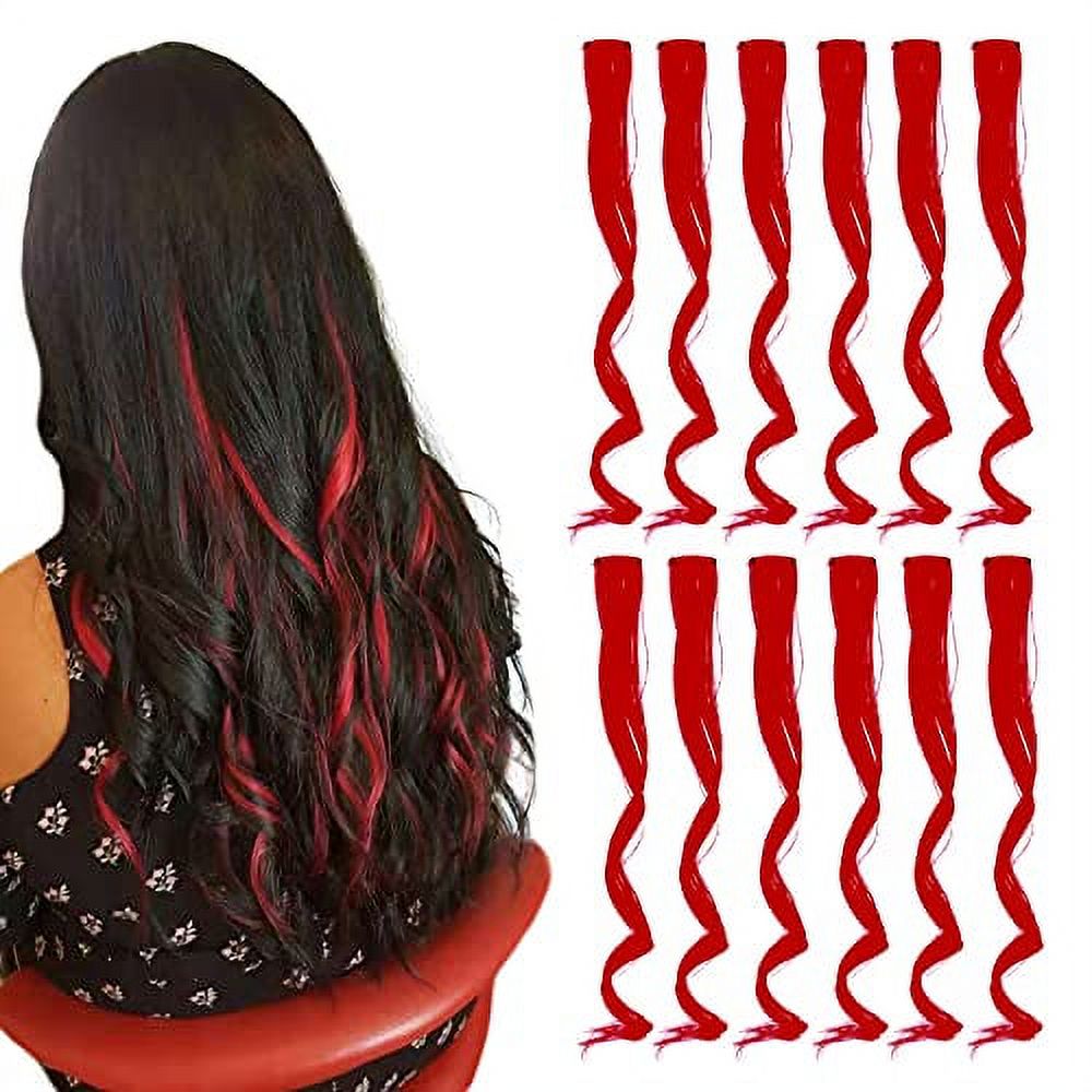 TENGNIUNIU Colored Hair Extensions Clip in Red 12 Pieces Highlights ...