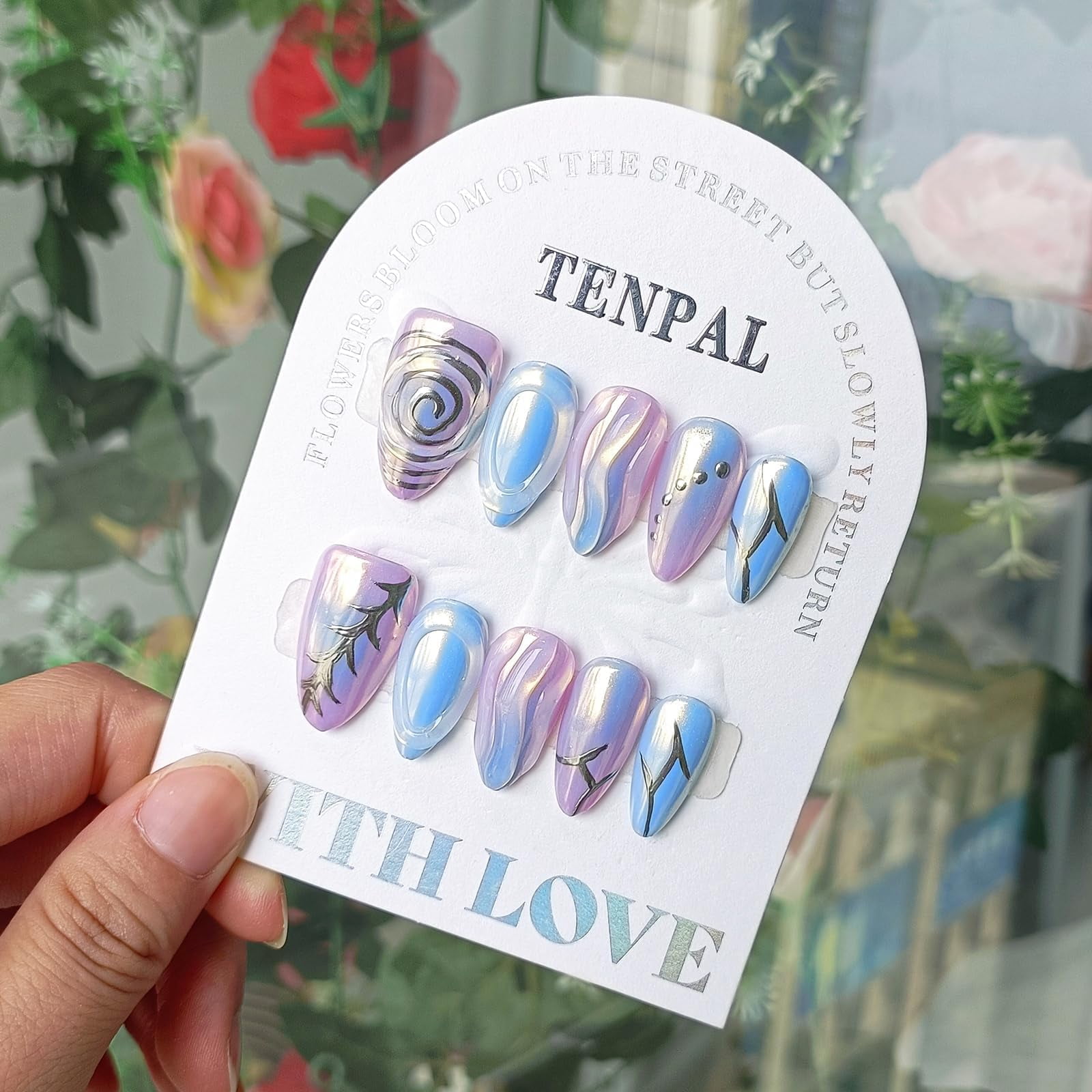 TENPAL Short Almond Press on Nails Explosive Aurora Blue Purple Gel ...