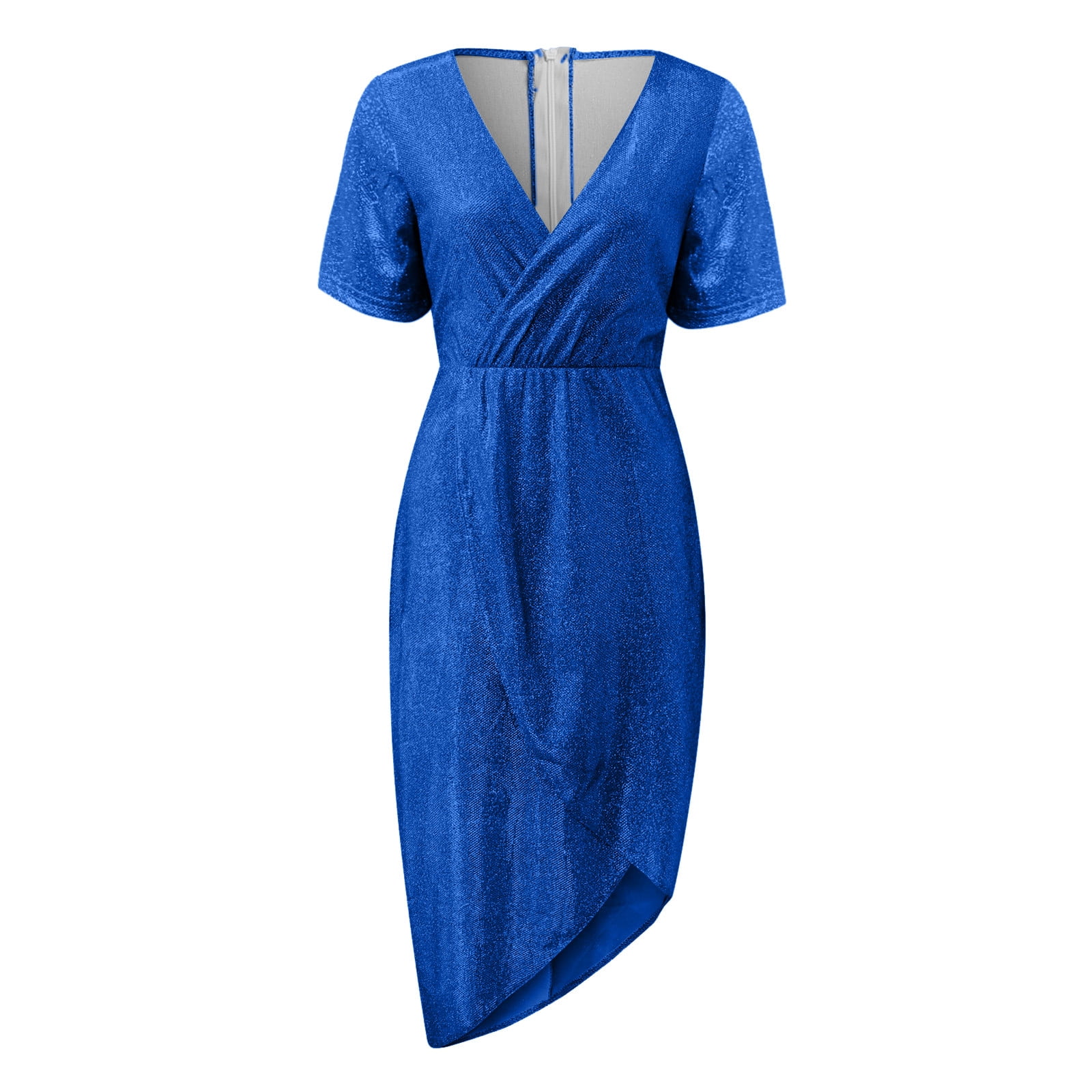 Tensunnyd Women Dress Sexy Deep V Sequins Wrap Ruched Short Sleeve