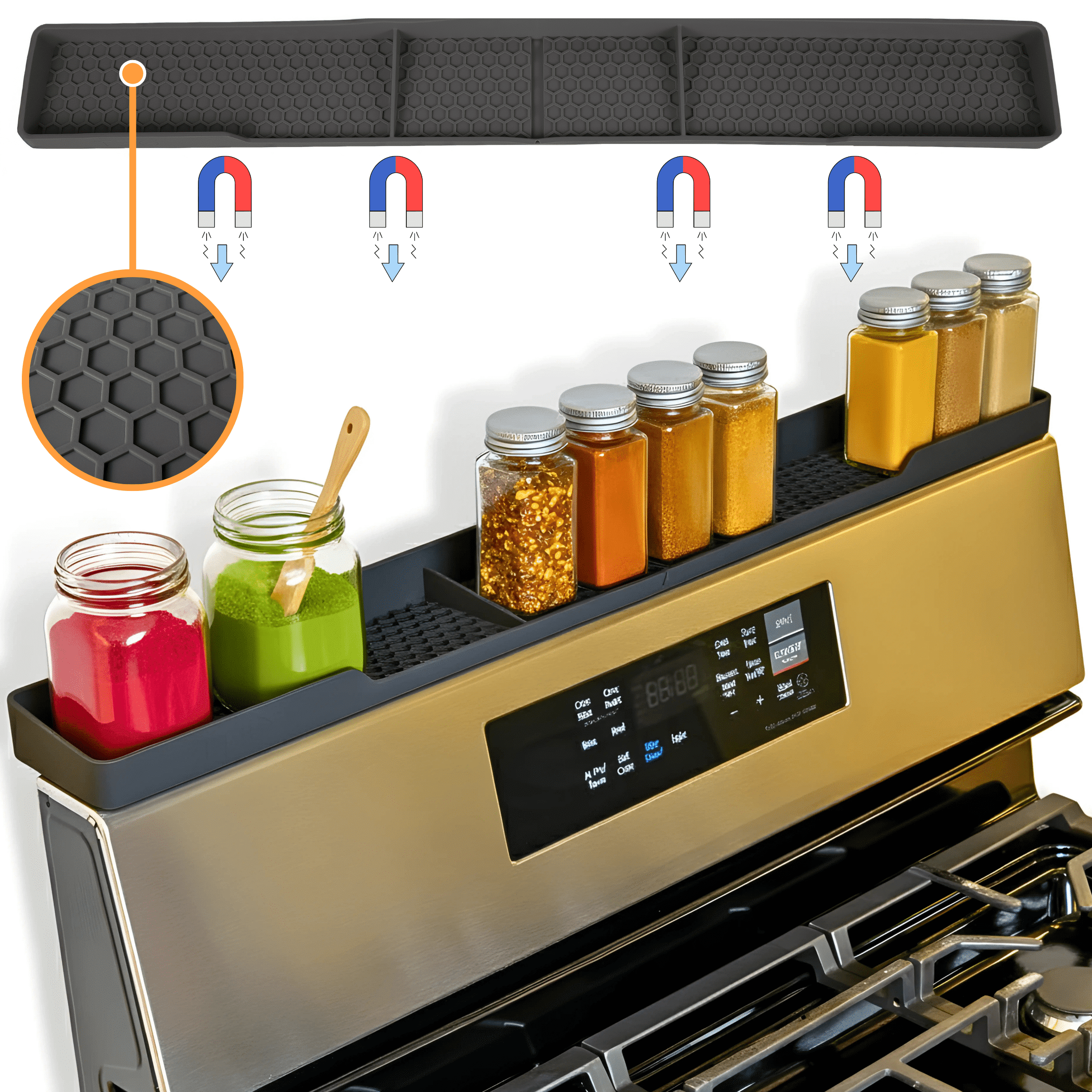 TEO Silicone Magnetic Stovetop Shelf - Black Heat Resistant 30"x 3.5"x1 ...
