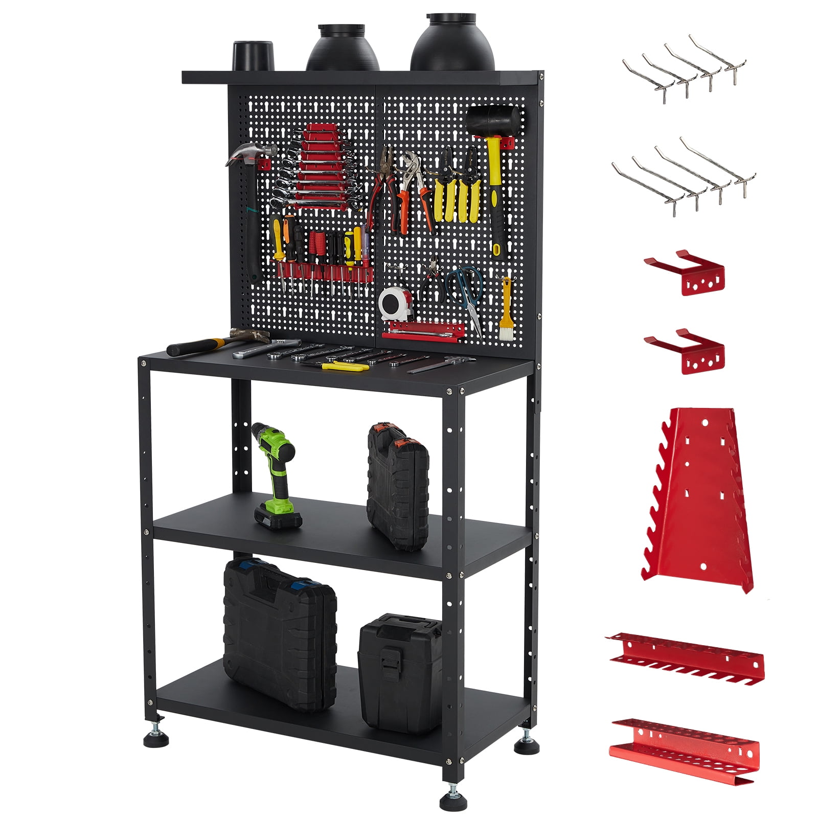 TEQIN Metal Workbench with Pegboard,3 Tier Garage Workbench with Pegboard and Storage,DIY Work ...