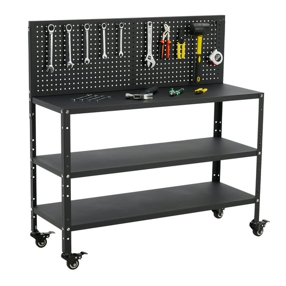 TEQIN Metal Workbench with Pegboard,3 Tier Garage Workbench with ...