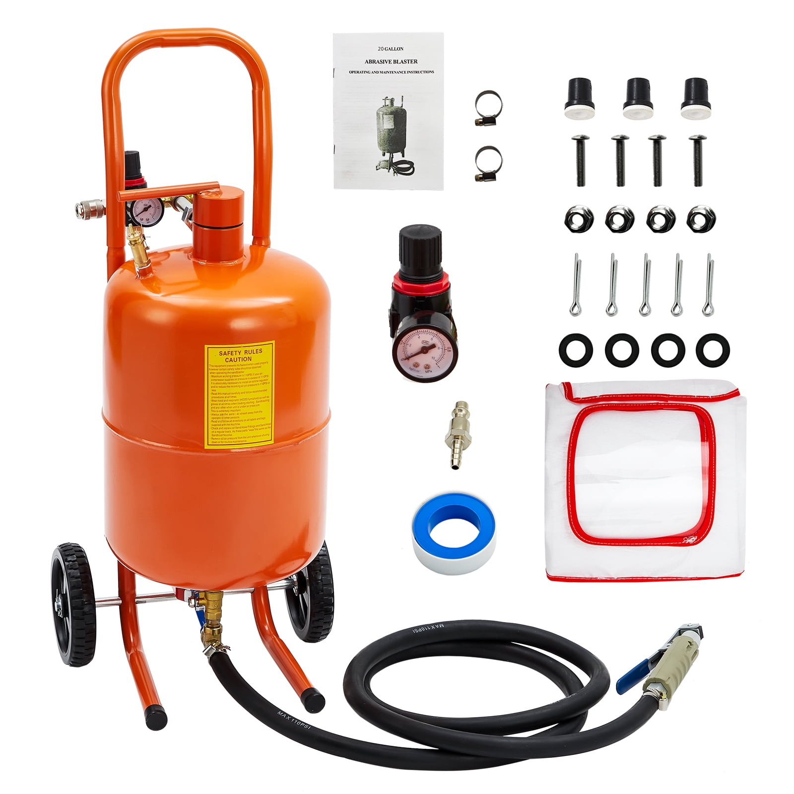 TEQIN Rolling Sand Blaster 10Gal Pot Sand-blaster, 60-110 Psi Pressure Air Sand Blasting Kit ...
