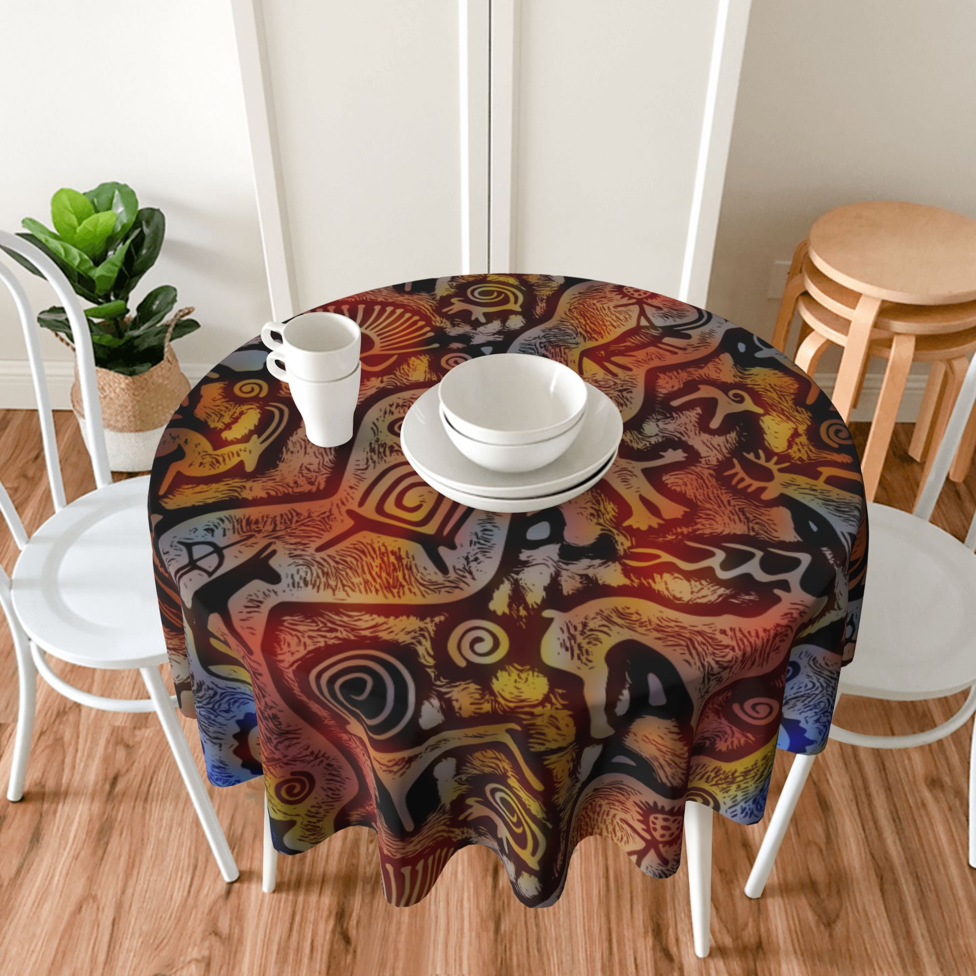 TEQUAN 60" Round Tablecloth, Ancient Petroglyphs Cave Drawings Pattern ...