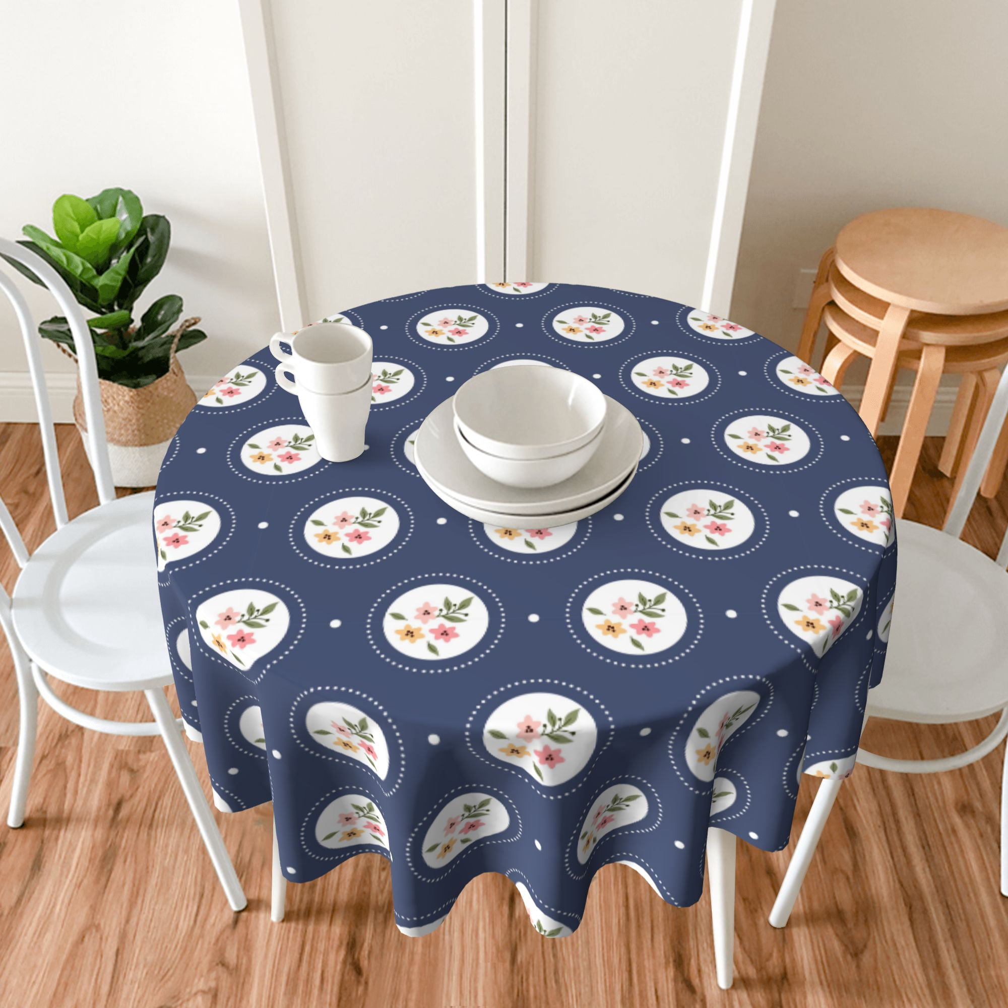 TEQUAN 60" Round Tablecloth, Blue Floral Background Pattern Washable ...