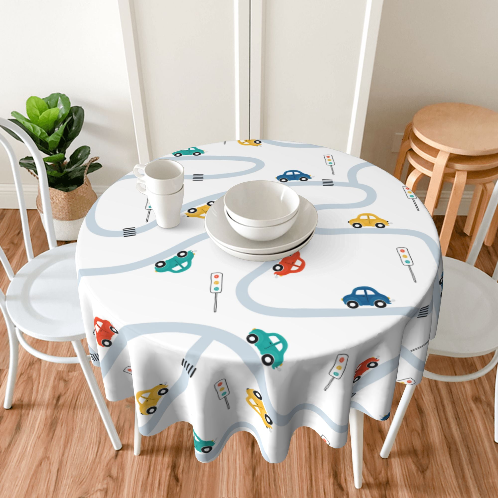 TEQUAN 60" Round Tablecloth, Cartoon Town cars Roads Pattern Washable ...