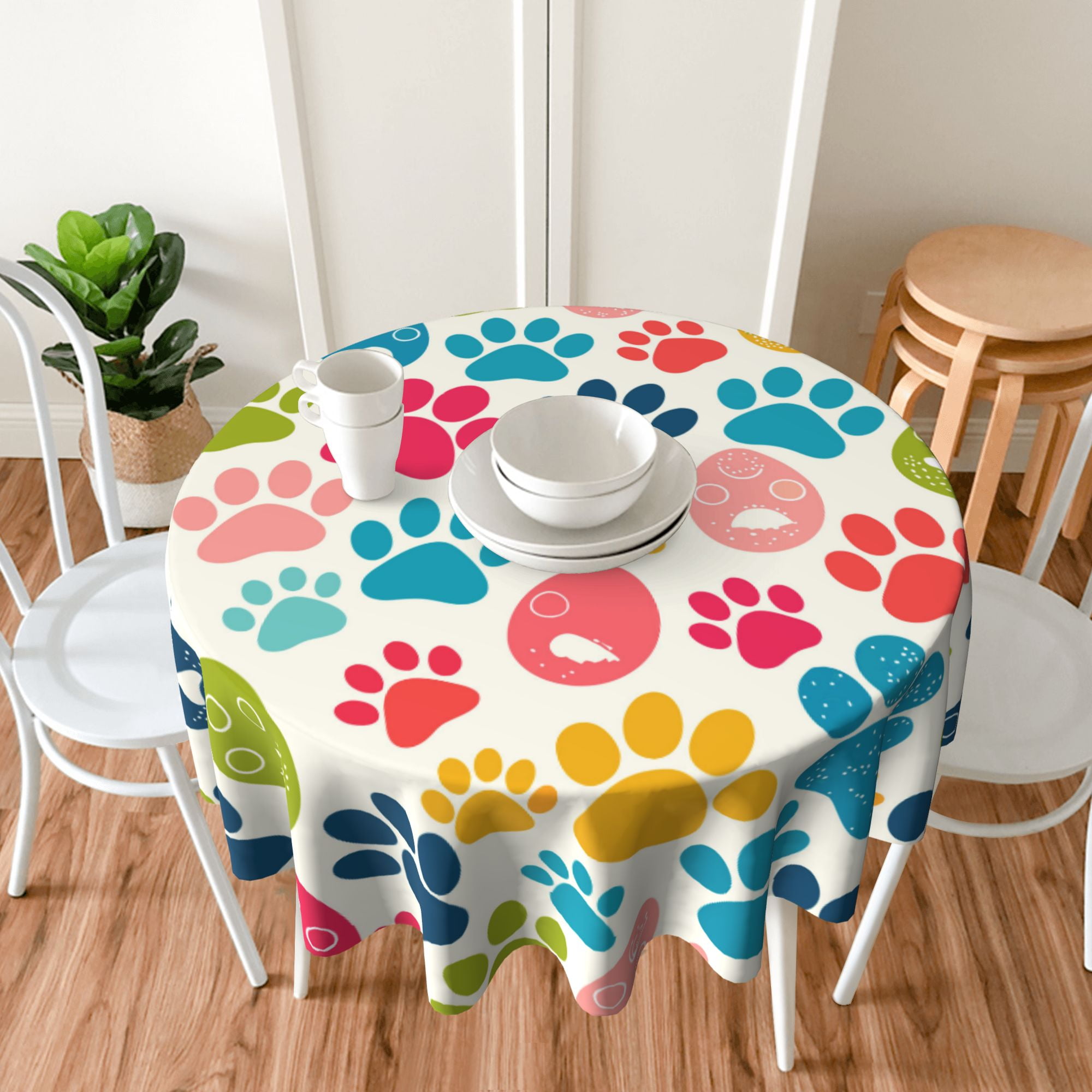 TEQUAN 60" Round Tablecloth, Cute Cat Puppy Paws Pattern Washable ...