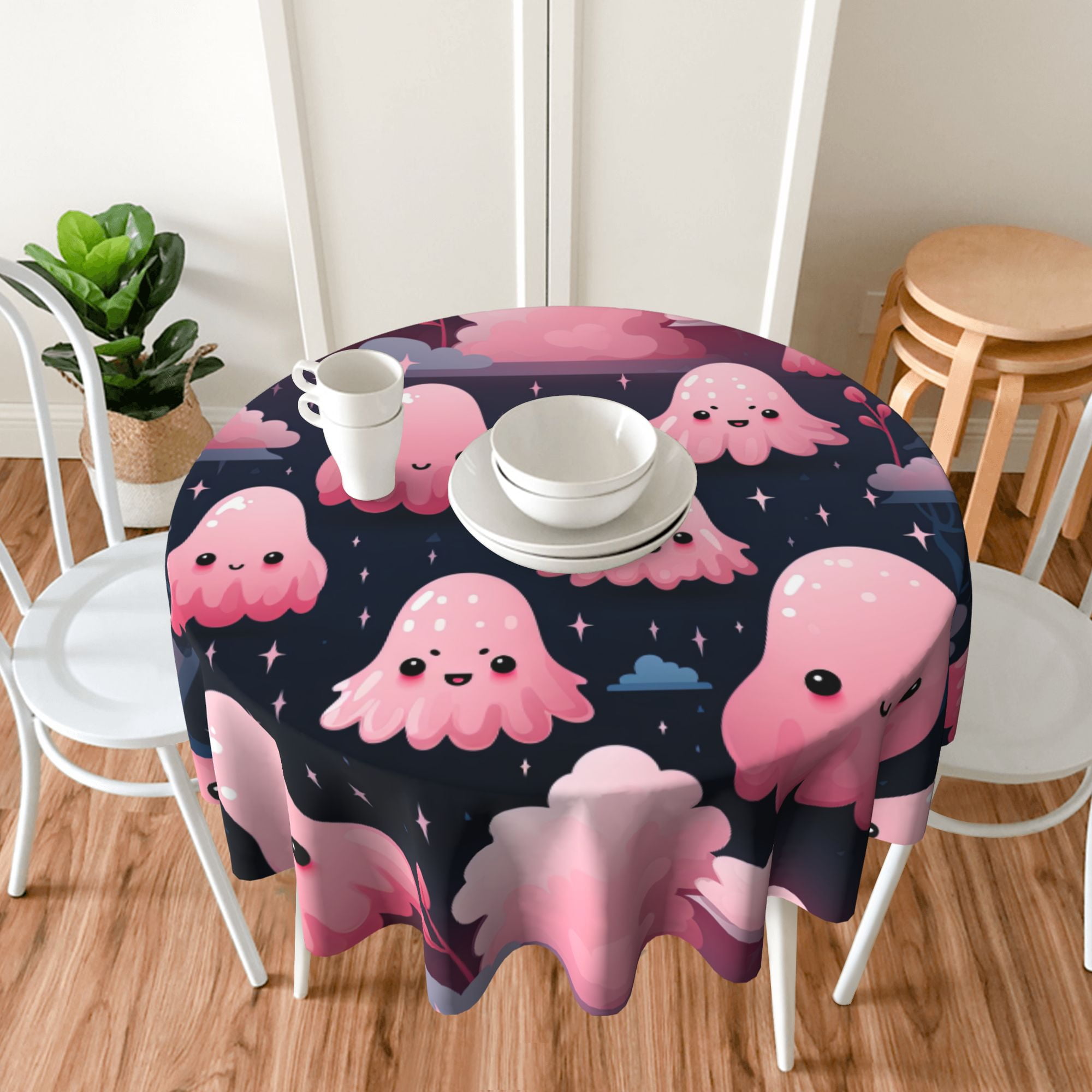 TEQUAN 60" Round Tablecloth, Halloween Pink Ghosts Pattern Washable ...