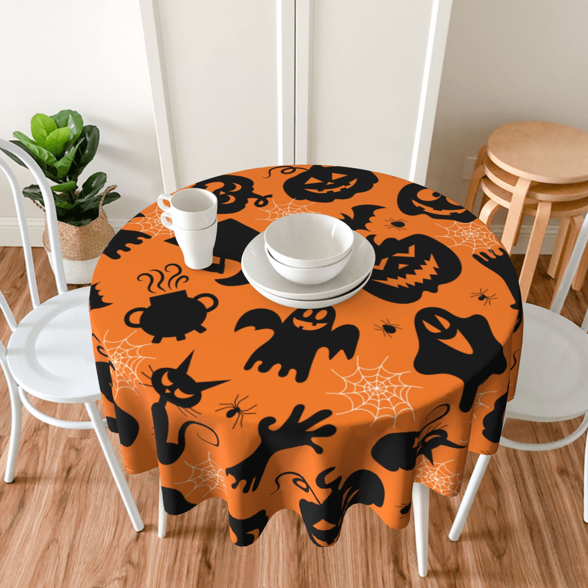 TEQUAN 60" Round Tablecloth, Pumpkins Bats Spiders Ghosts Pattern ...