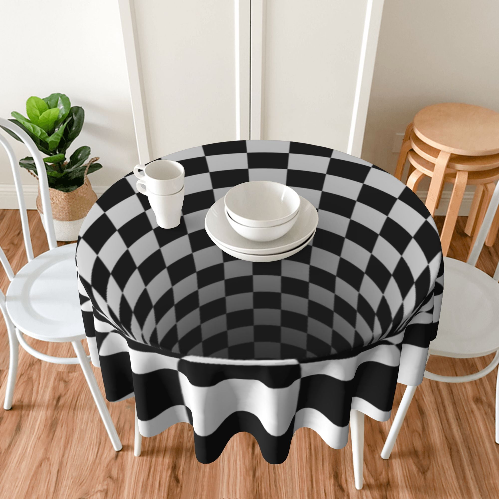 TEQUAN 60" Round Tablecloth, Realistic 3D Checkered Illusion Pattern ...