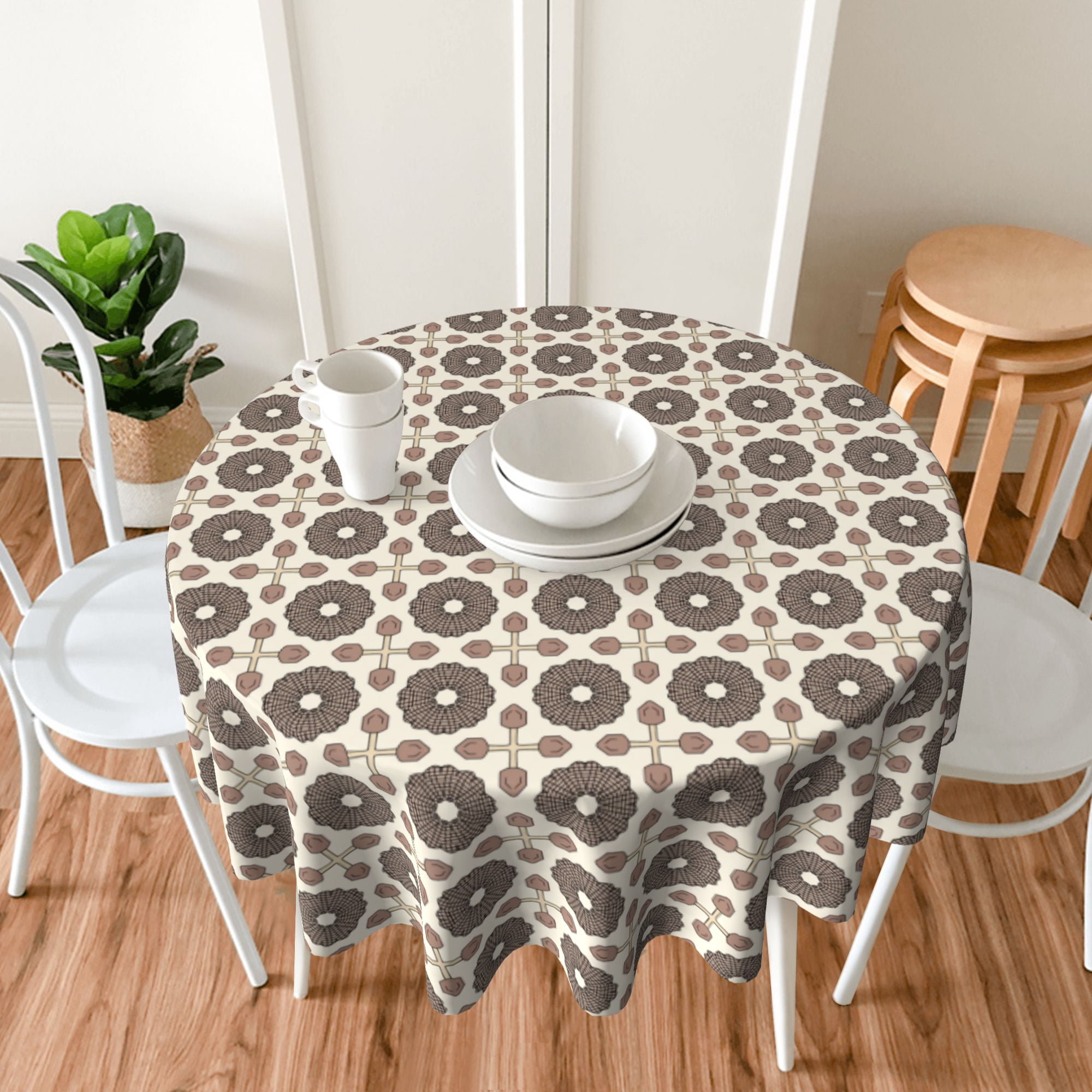 TEQUAN 60" Round Tablecloth, Retro Brown Shapes Pattern Washable ...