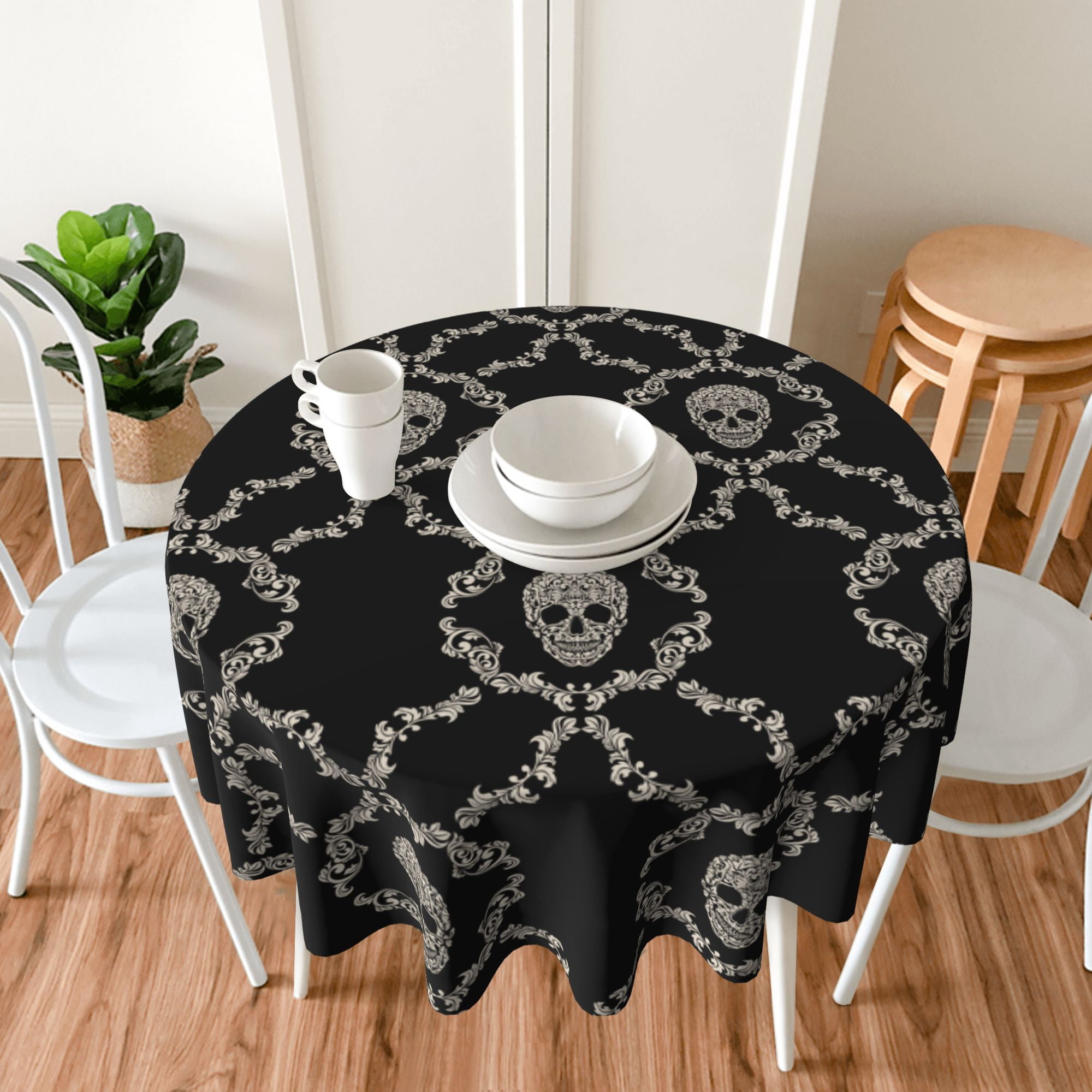 TEQUAN 60" Round Tablecloth, Vintage Gothic Paisley Skulls Pattern ...