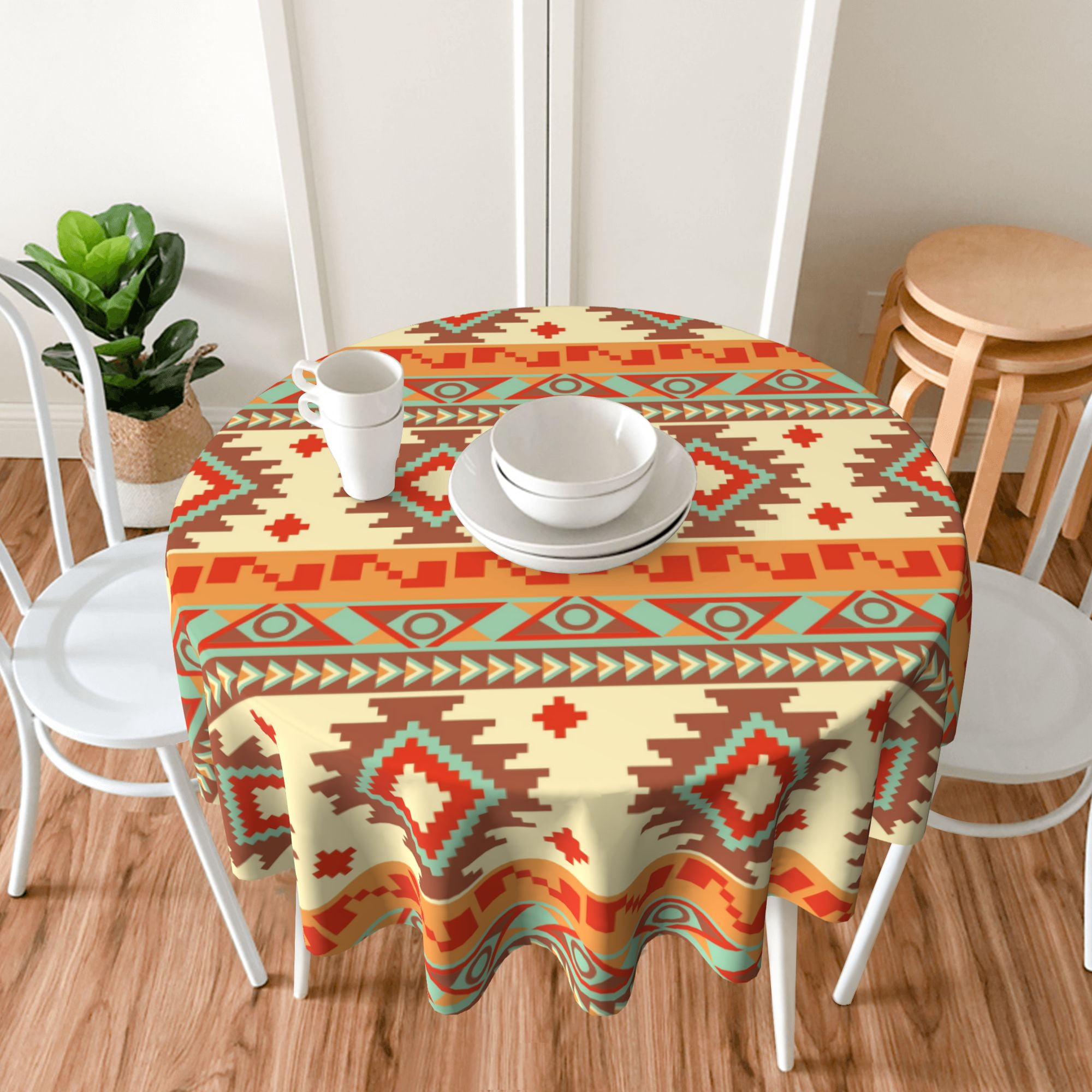 TEQUAN 60" Round Tablecloth, Vintage Southwestern Native Aztec Style ...