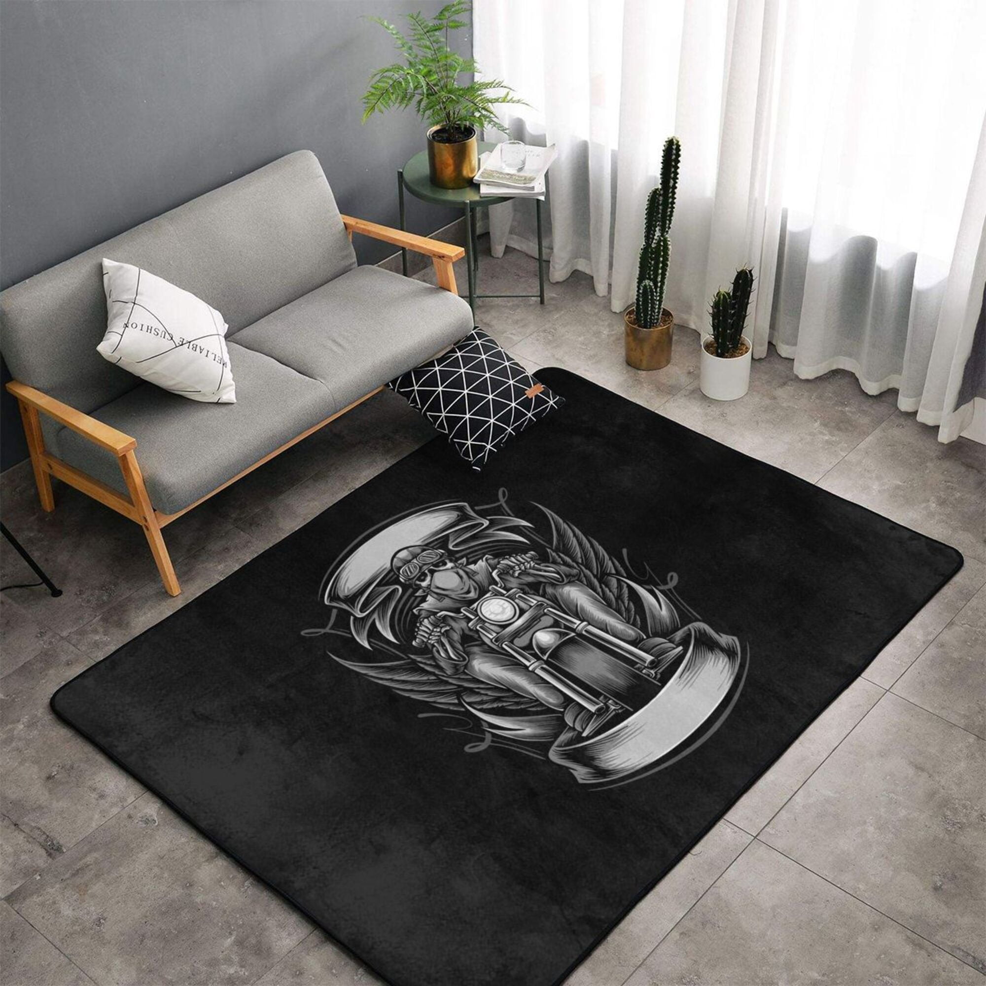 TEQUAN Area Rugs for Living Room Bedroom, Biker Skull Riding Motorcycle ...