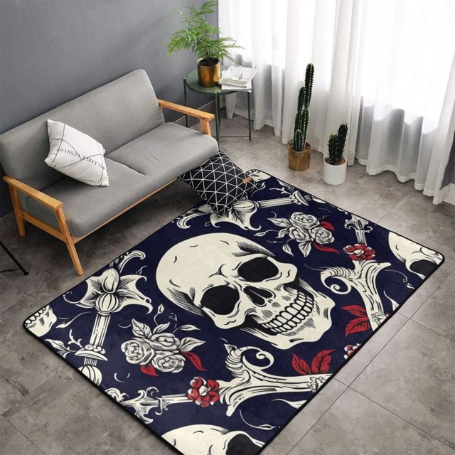 TEQUAN Area Rugs for Living Room Bedroom, Skulls Roses Decor Printed ...
