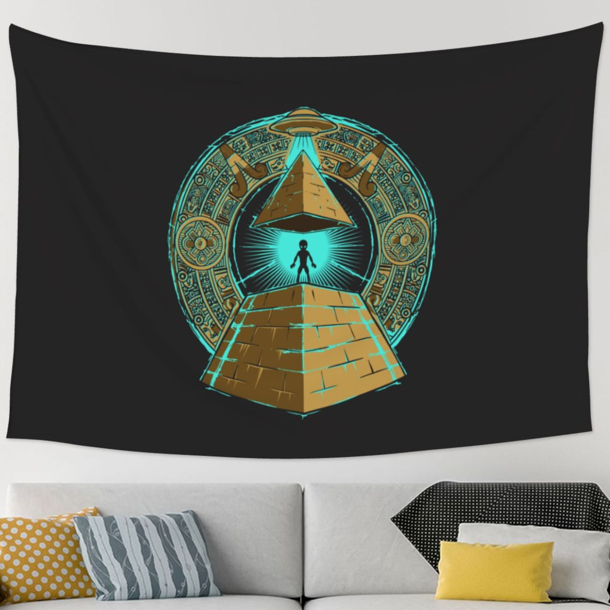 TEQUAN Cartoon Pyramid Ufo Alien Pattern Large Tapestry, Aesthetic ...