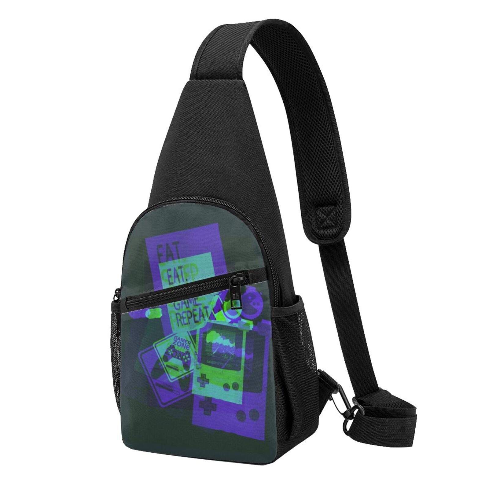 TEQUAN Crossbody Bag Chest Pack, Purple GamePad Gamer Zone Tags Pattern ...