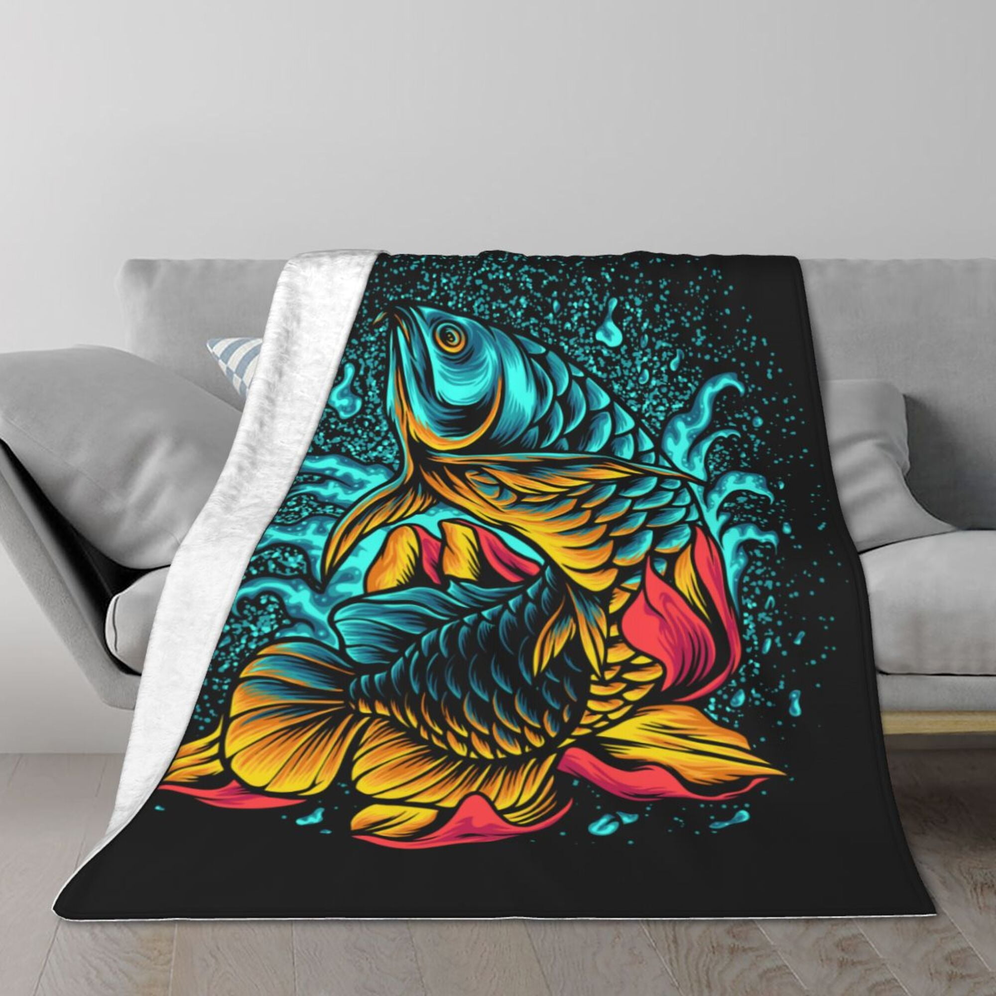 TEQUAN Double Layer Plush Bed Blanket, Cartoon Golden Arowana Fish ...
