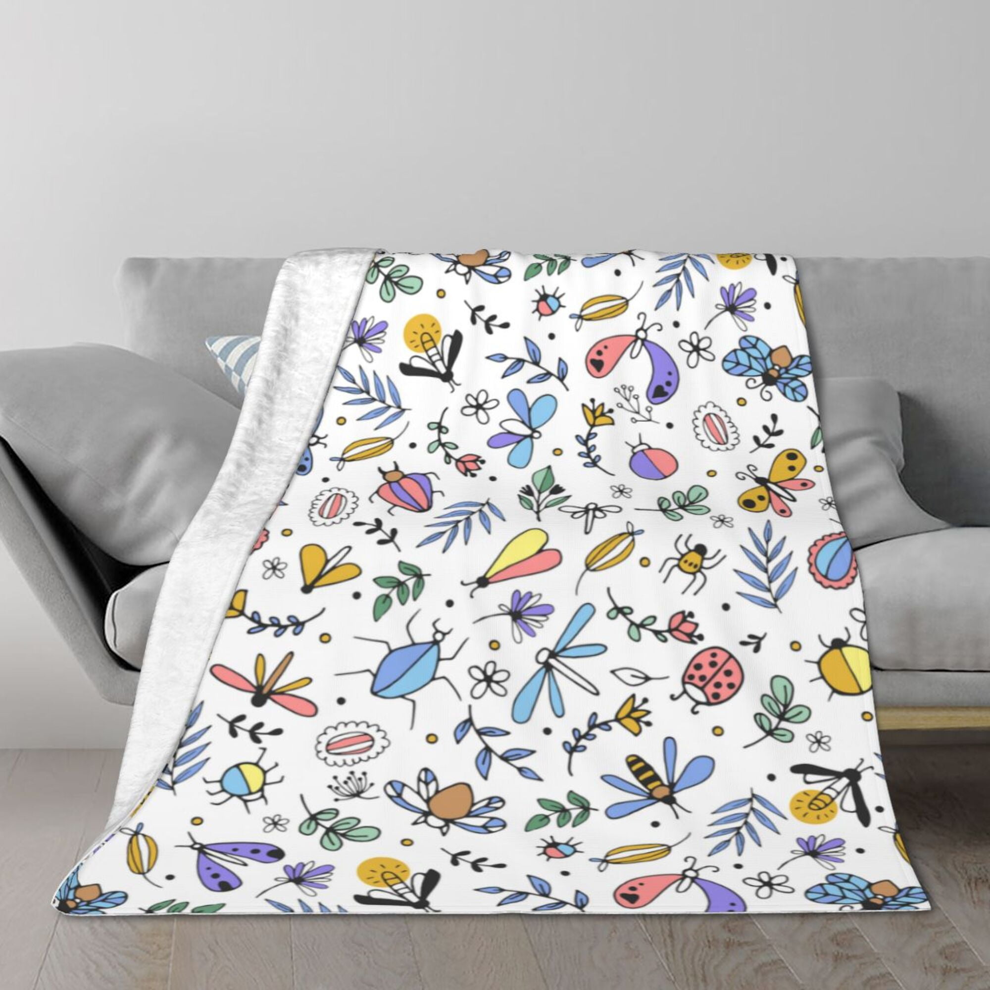 TEQUAN Double Layer Plush Bed Blanket, Cute Beetles Insects Floral ...