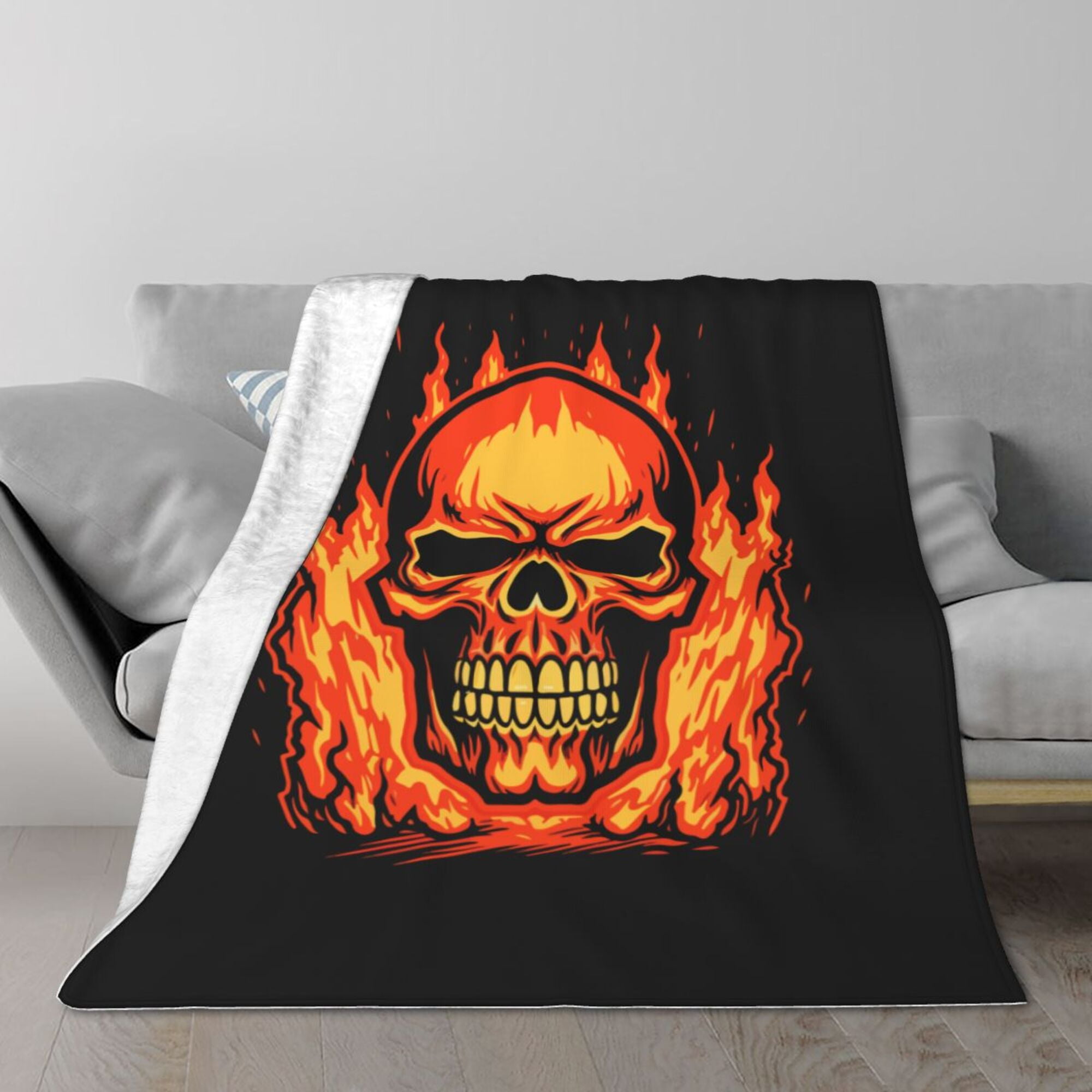 TEQUAN Double Layer Plush Bed Blanket, Devil Skull Fire Flames Pattern ...
