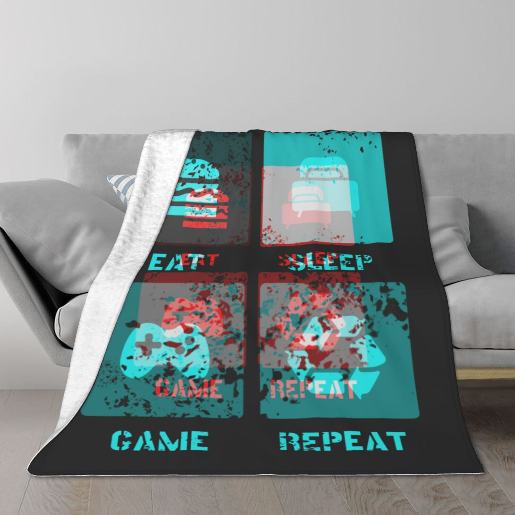 TEQUAN Double Layer Plush Bed Blanket, Funny Eat Sleep Game Repeat ...