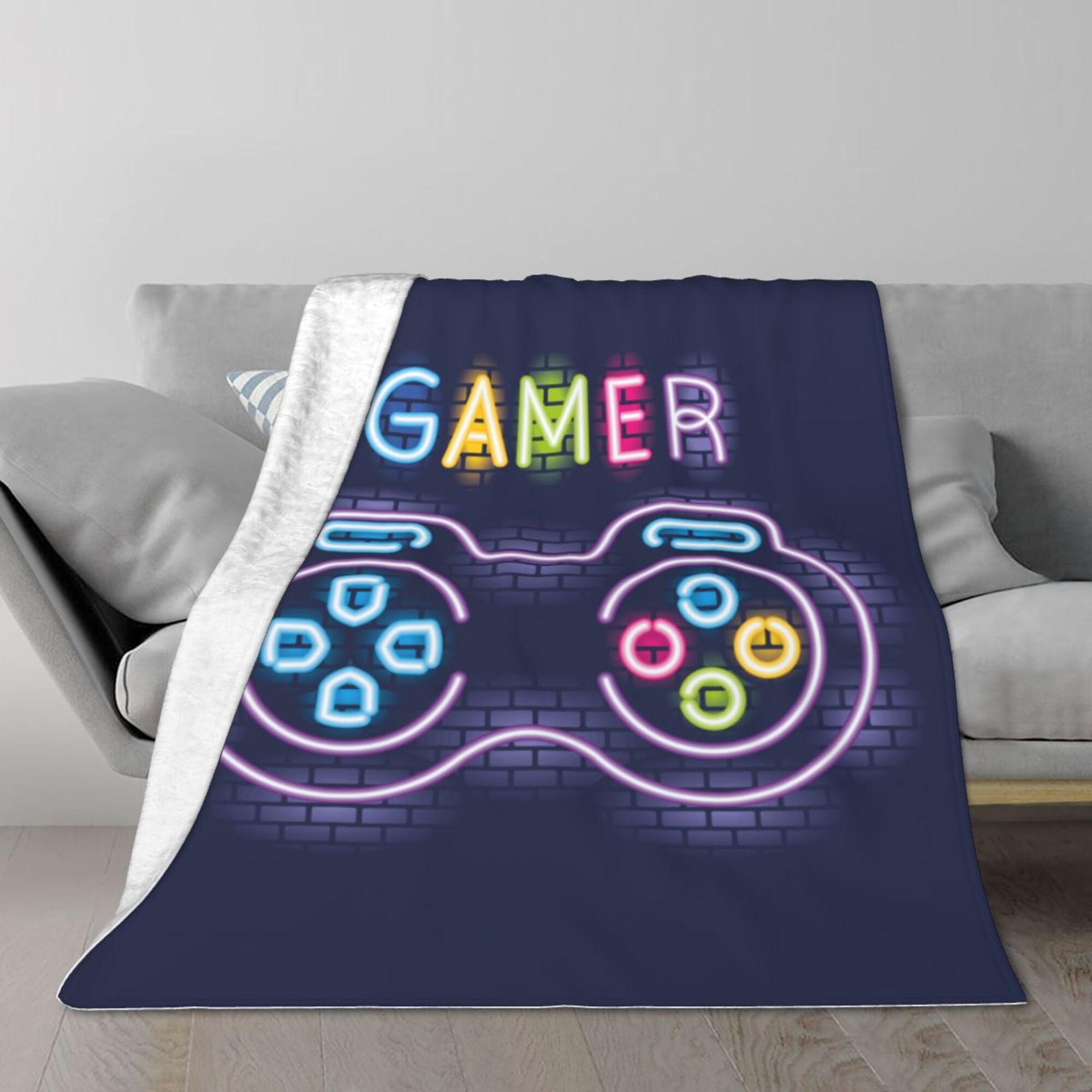 TEQUAN Double Layer Plush Bed Blanket, Neon Gamepad Gamer Sign Pattern ...