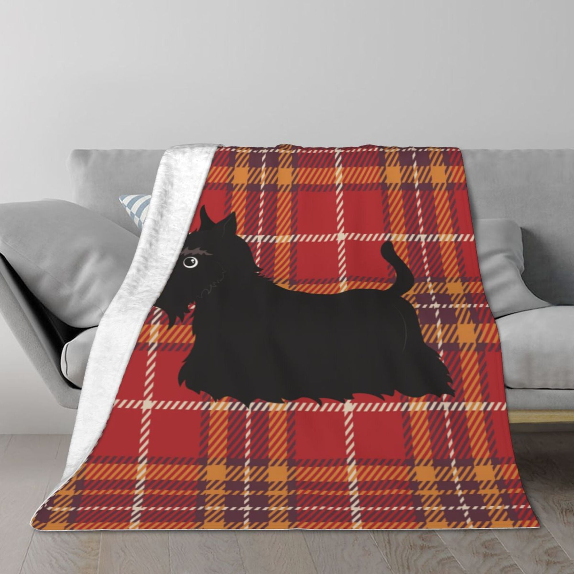 TEQUAN Double Layer Plush Bed Blanket, Red Plaid Black Scottish Terrier ...