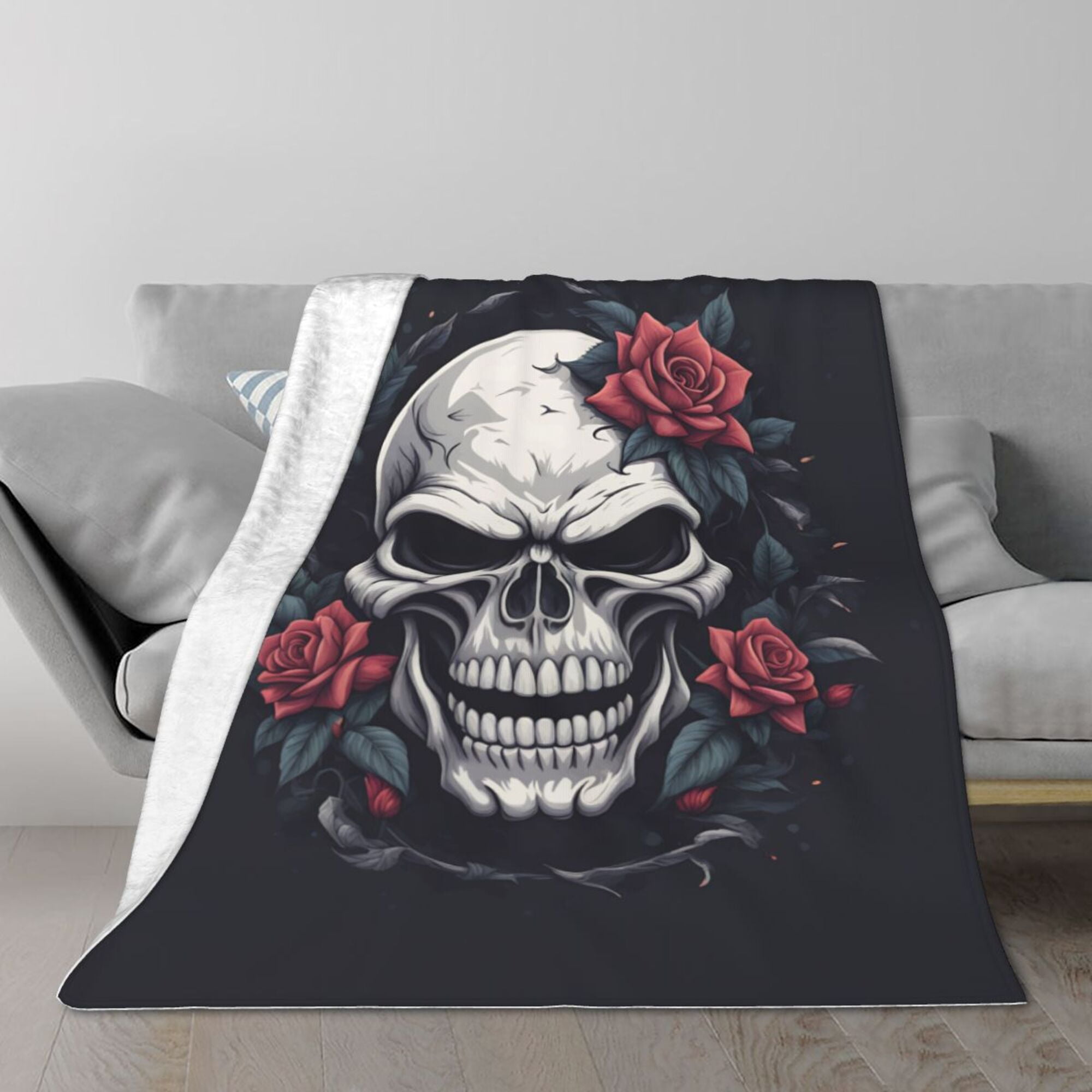 TEQUAN Double Layer Plush Bed Blanket, Vintage Skull with Roses Pattern ...