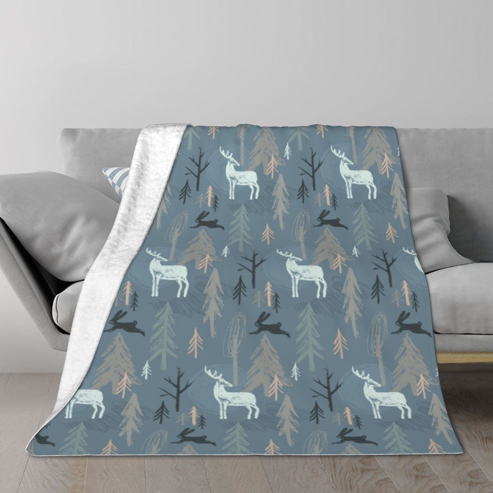 TEQUAN Double Layer Plush Bed Blanket, Winter Forest Trees Deer Pattern ...