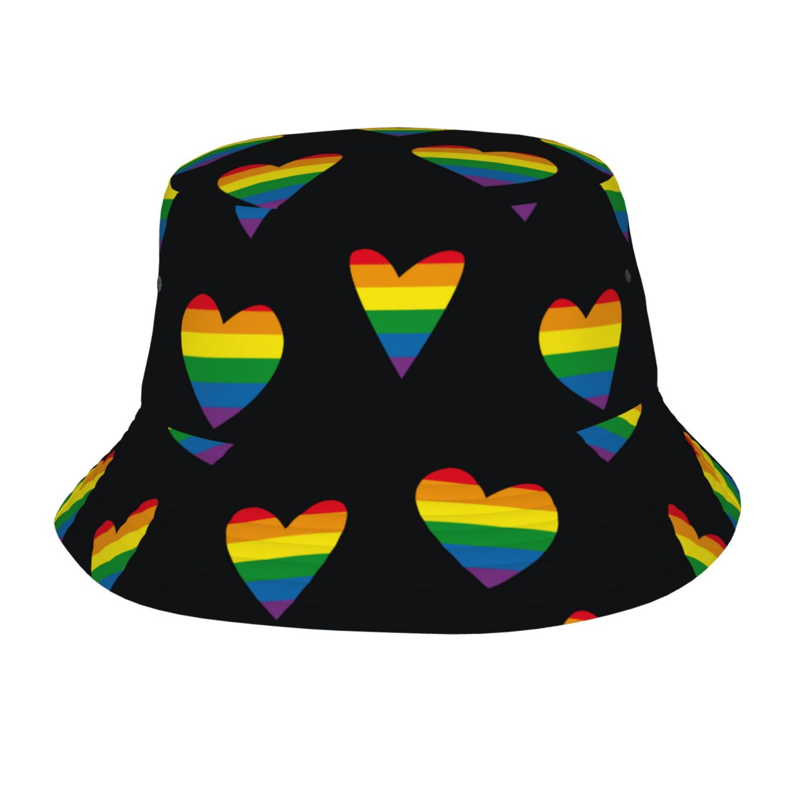 TEQUAN Foldable Polyester Adult Bucket Hat Rainbow Hearts Lgbt Pride Prints Sun Beach Fishing ...