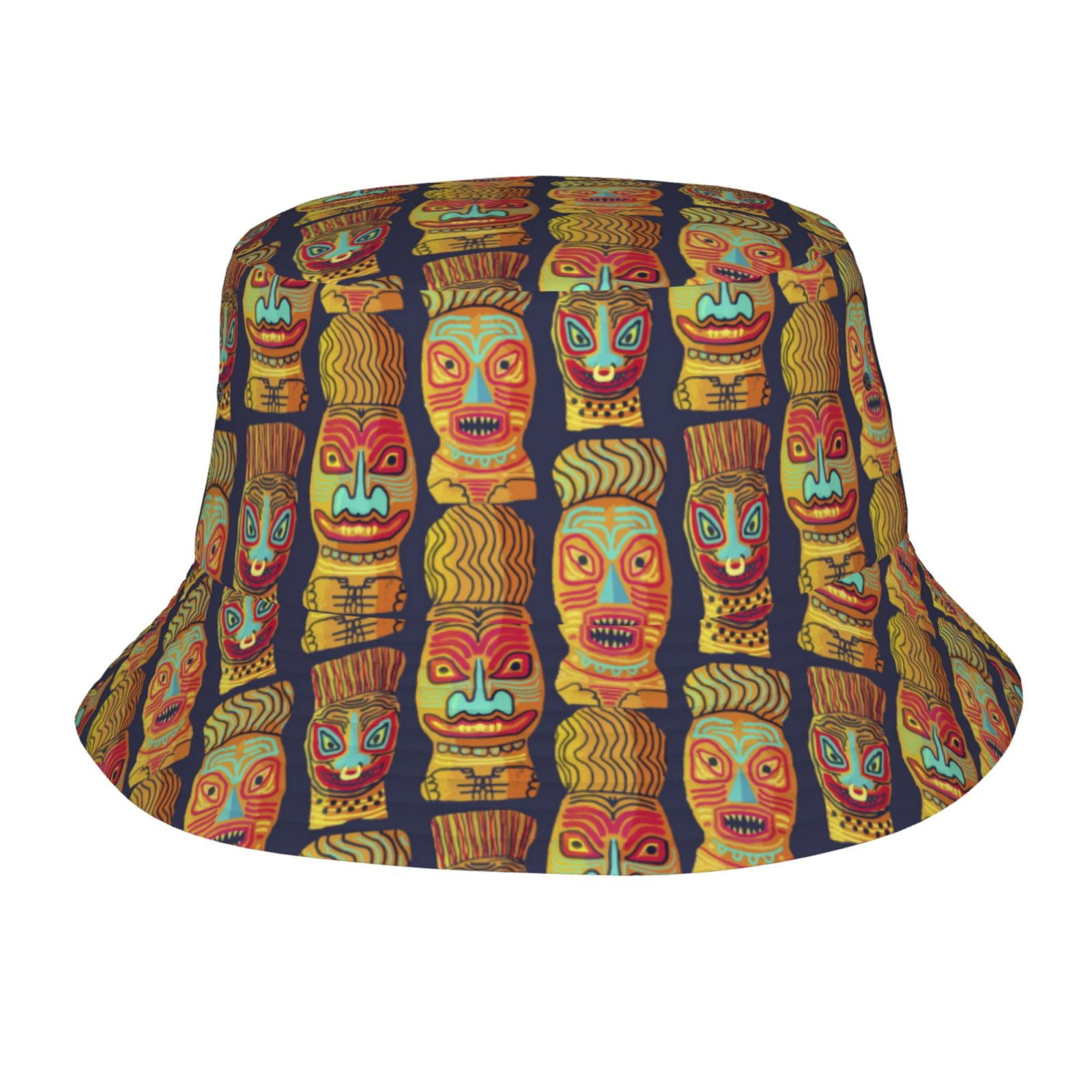 TEQUAN Foldable Polyester Adult Bucket Hat Watercolor Tiki Masks Prints ...