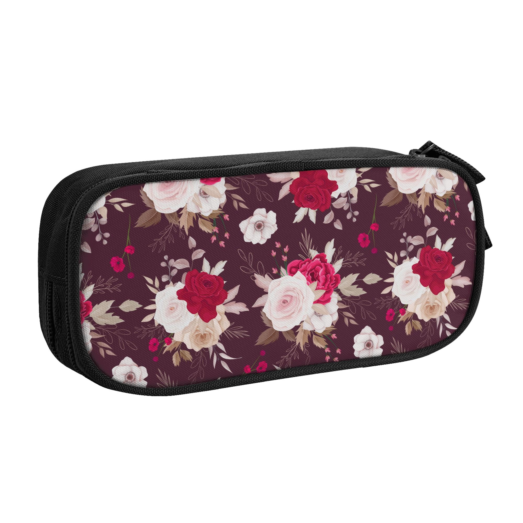 TEQUAN Large Capacity Pencil Case, Retro Pink White Rose Pattern Pencil ...