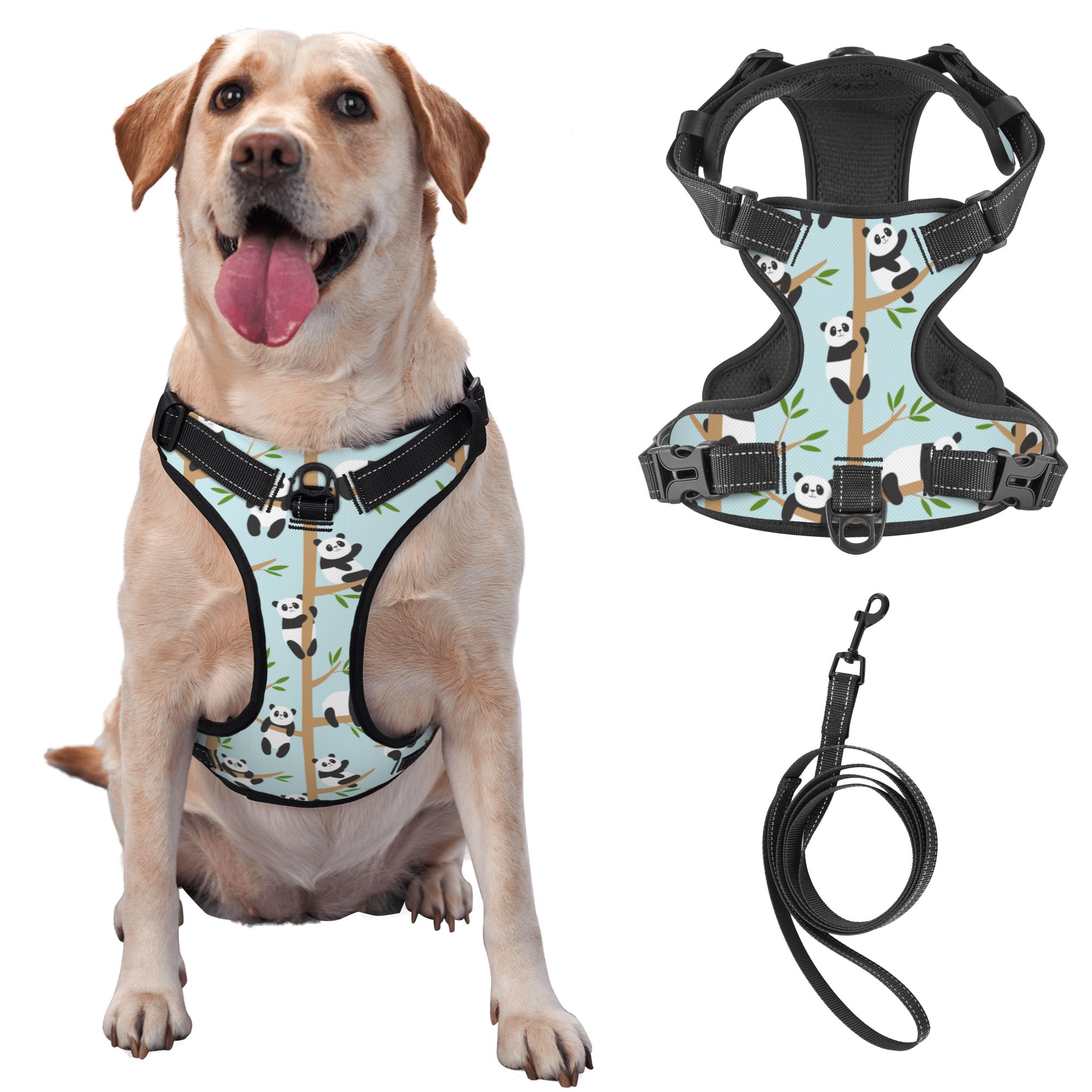 TEQUAN Large Dog Harnes with Leash, Cute Panda Cartoon Bear Prints ...