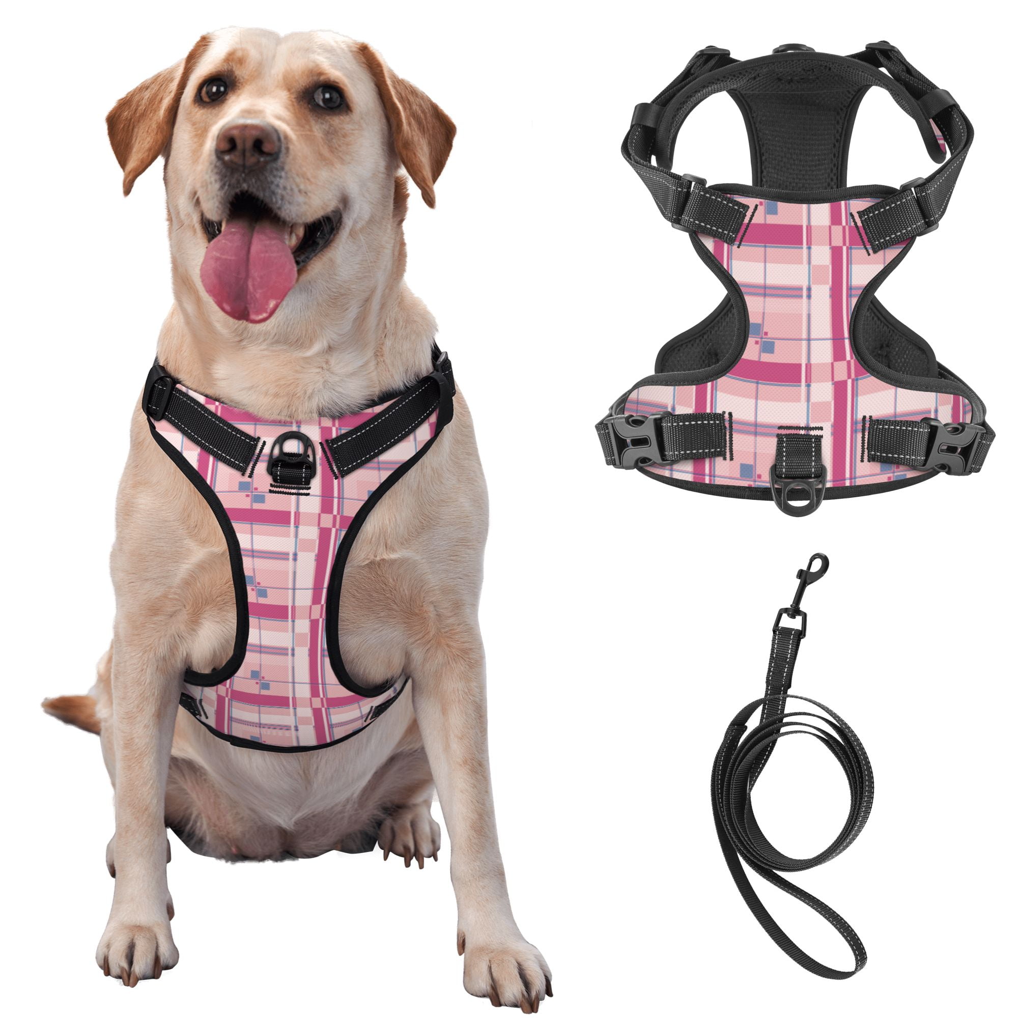 TEQUAN Large Dog Harness with Leash, Colorful Gird Geometric Latticed ...