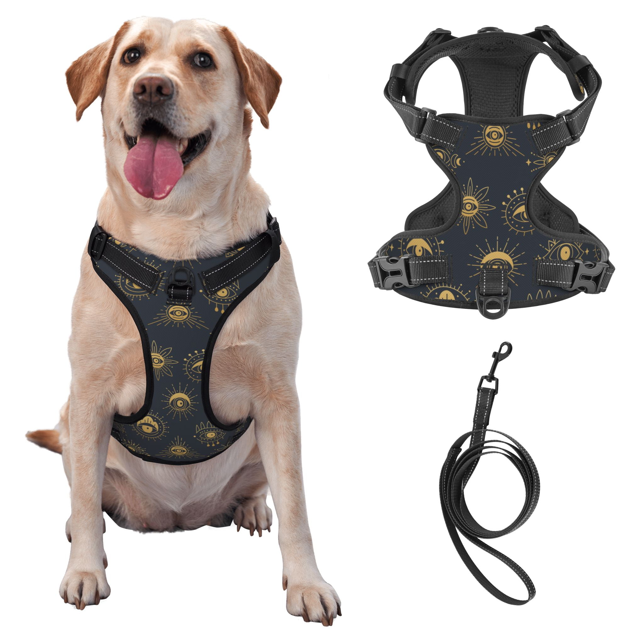 TEQUAN Medium Dog Harness with Leash, Gold Evil Talisman Eyes Prints ...