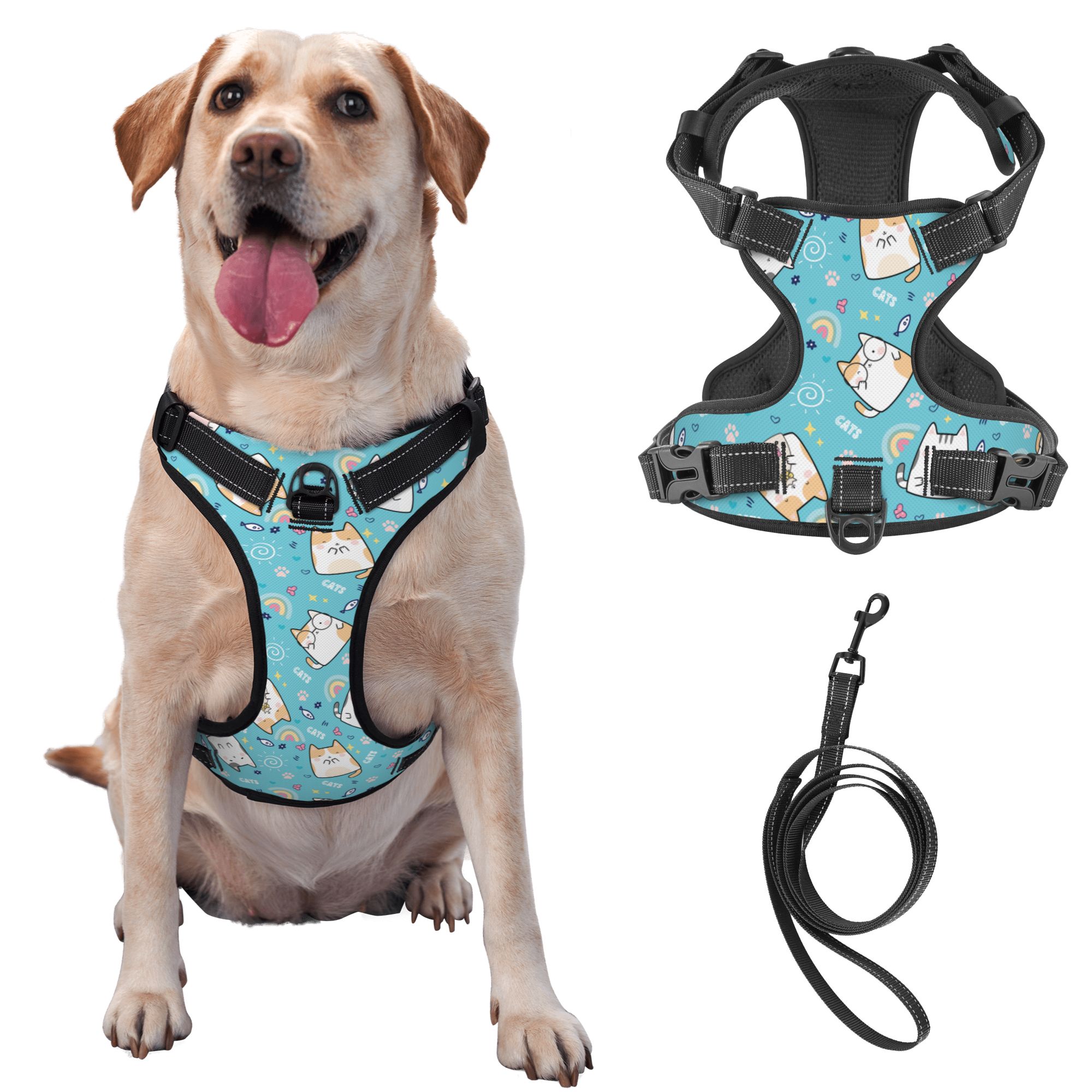 TEQUAN Medium Dog Harness with Leash, Kawaii Cute Cats Cartoon Animals ...