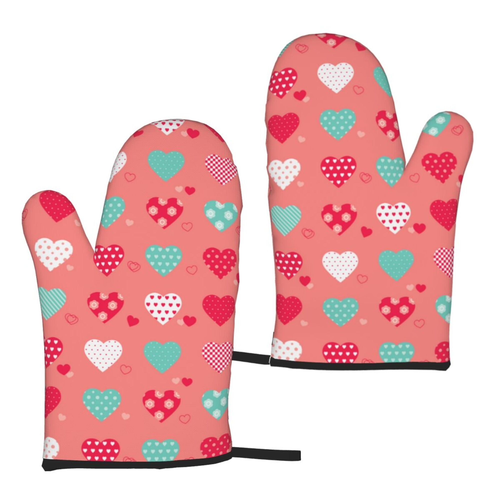 TEQUAN Oven Mitts, Pink Cute Hearts Pattern Heat Resistant Microwave ...
