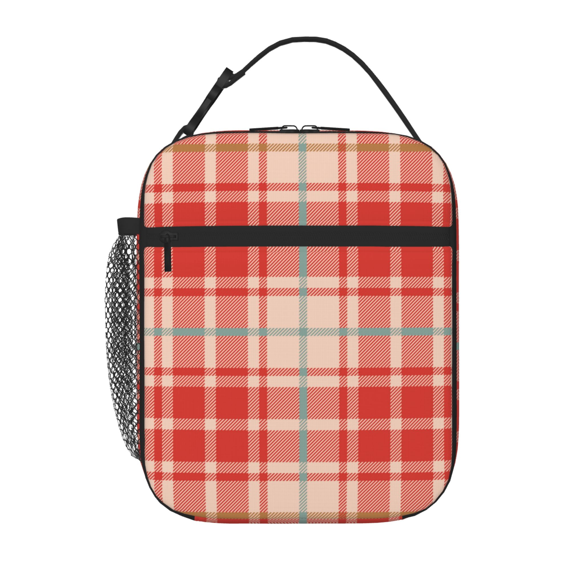 TEQUAN Portable Lunch Bag, Beige Red Checkered Plaid Pattern Reusable ...