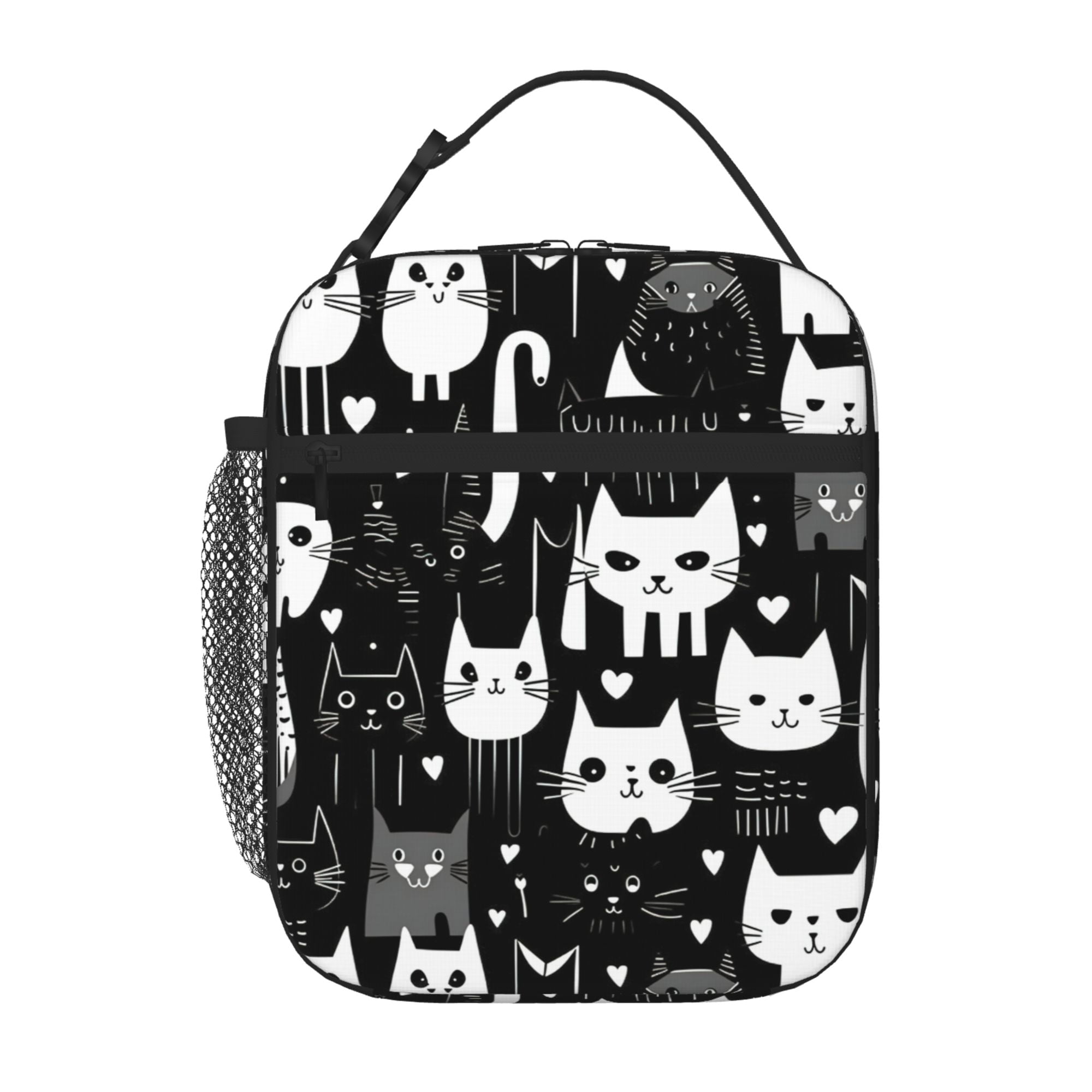 TEQUAN Portable Lunch Bag, Black White Cute cats Pattern Reusable ...